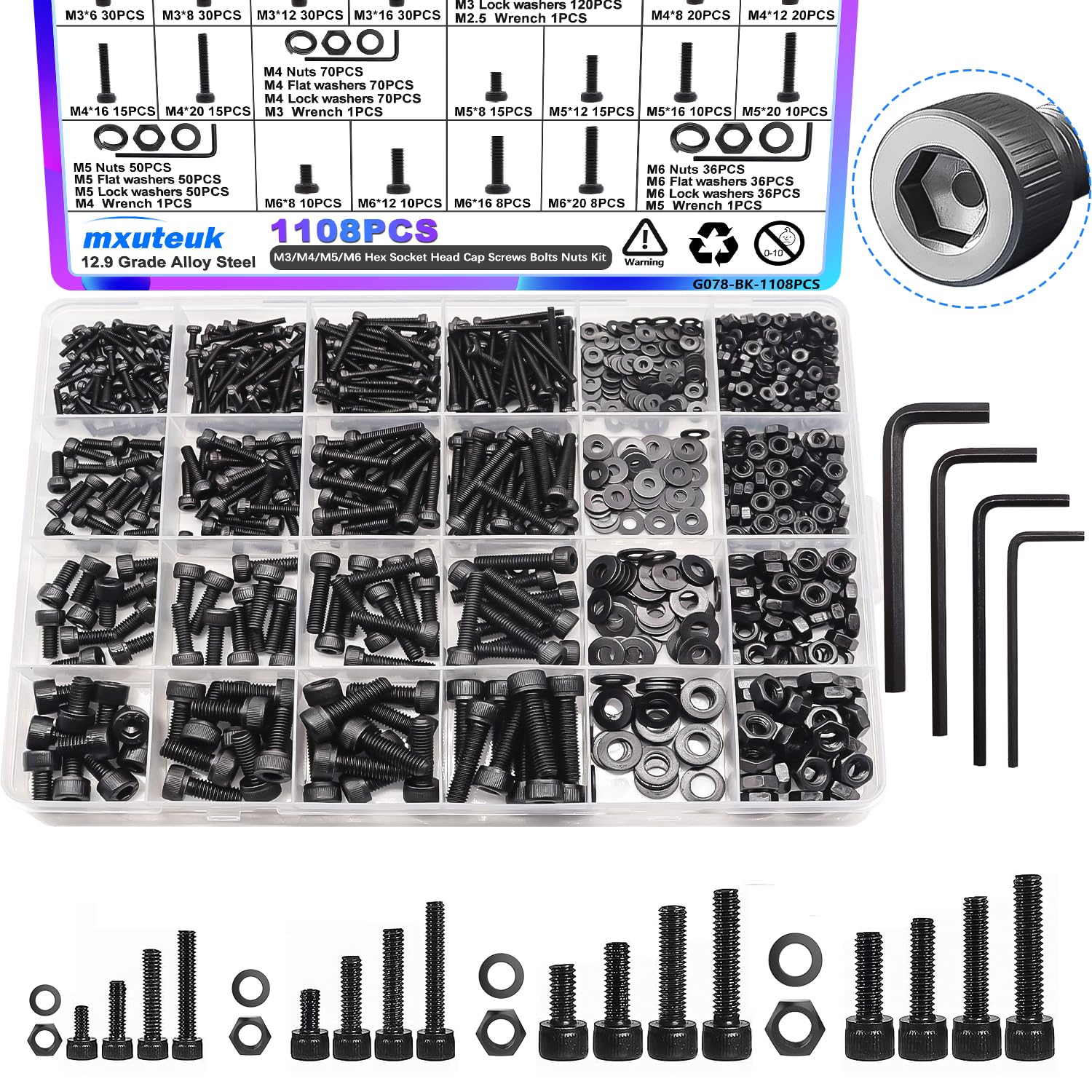 mxuteuk 1108PCS M3 M4 M5 M6 Hex Socket Head Cap Metric Screw Assortment Kit,12.9 Carbon Steel ...