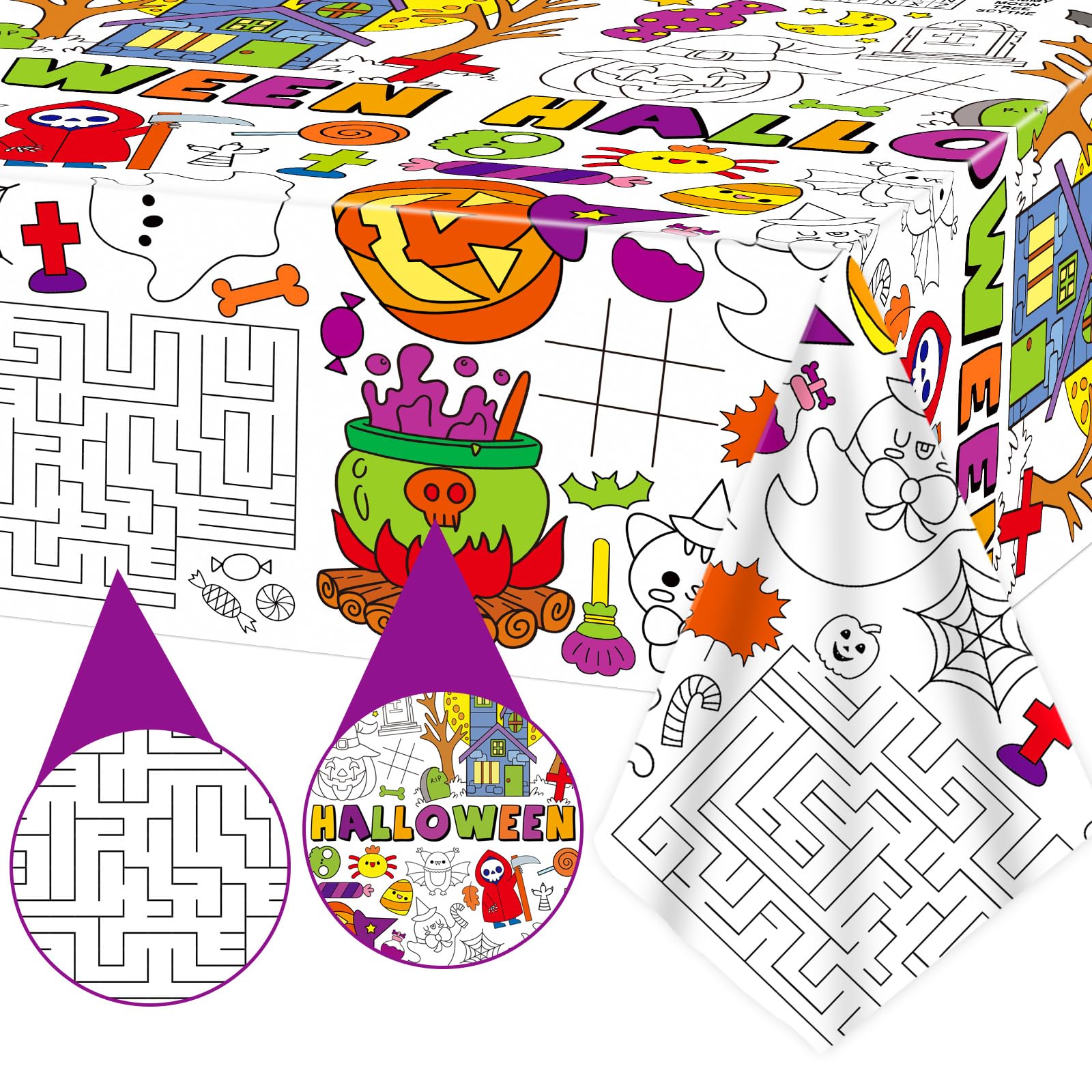 Paper Giant Halloween Coloring Poster Tablecloth for Kids Witch Ghost ...