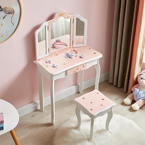 Nromant Kids Vanity Table and Chair Set, Girls Vanity Set with Stool ...