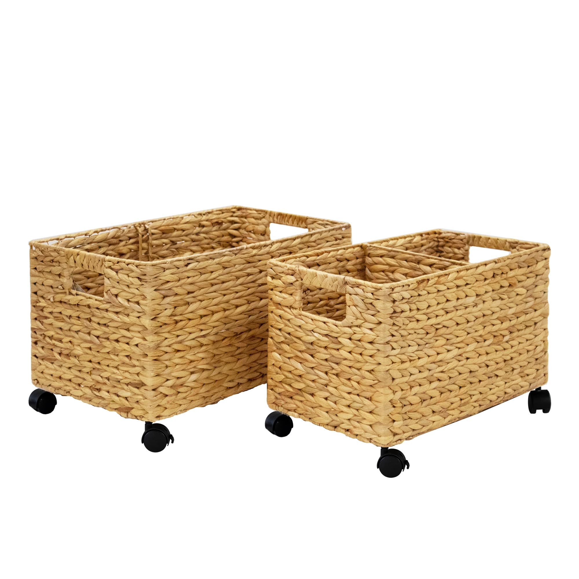 PEMAR Set 2 Nesting Natural Wicker Rolling Storage Baskets on Wheels w ...