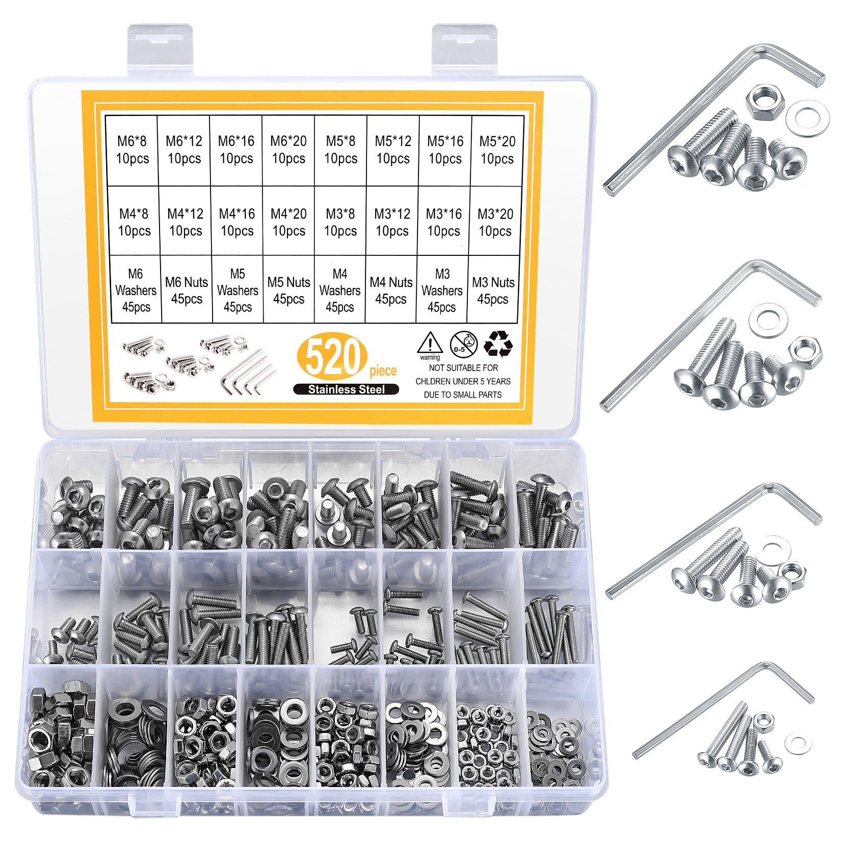 Hex Socket Button Head Cap Screws Bolts and Nuts and Washers Assortment Kit, 520pcs Stainless ...