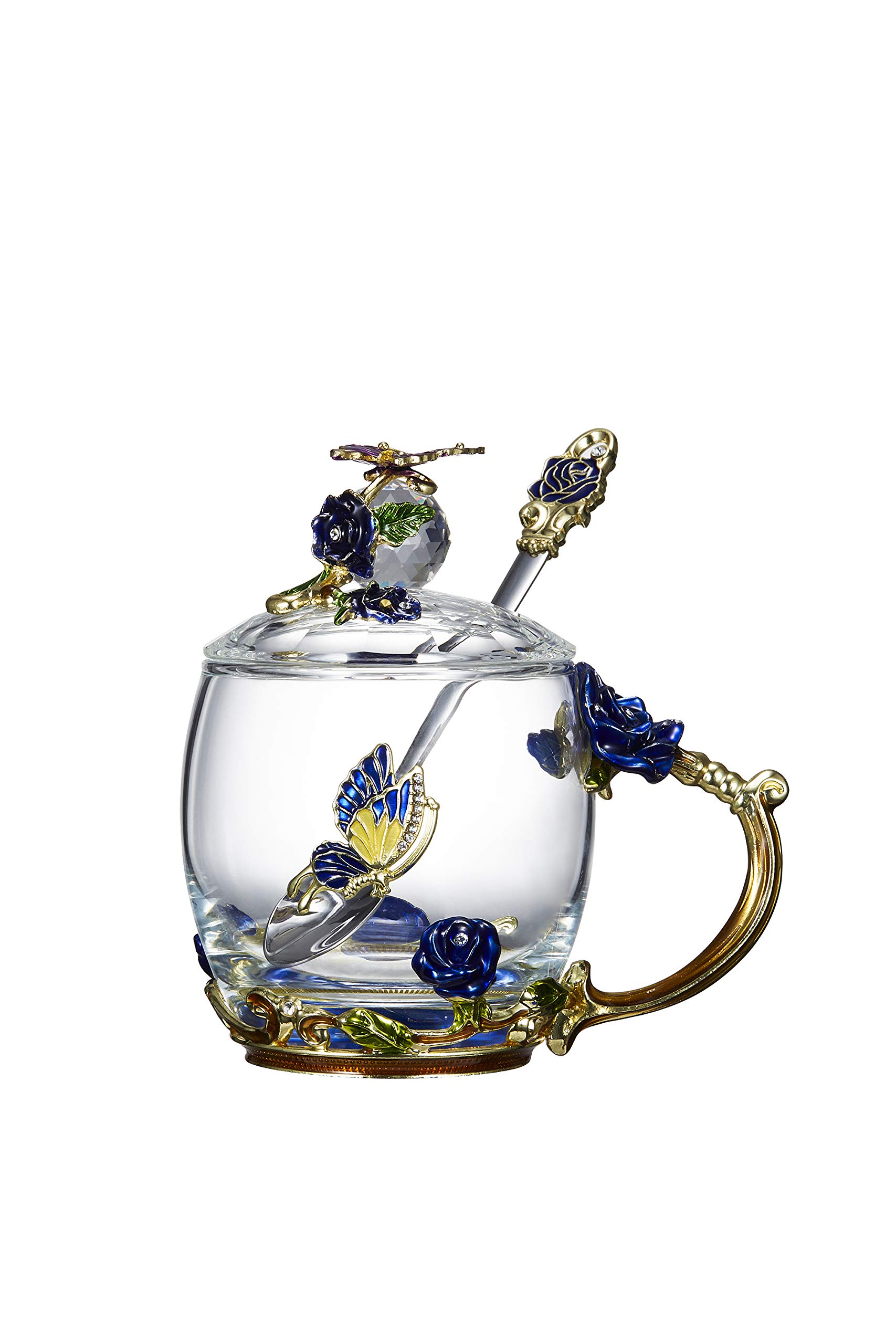 Guon-Wuvl Flower Teacup Transparent Glass Teacup, (With Spoon + Lid ...