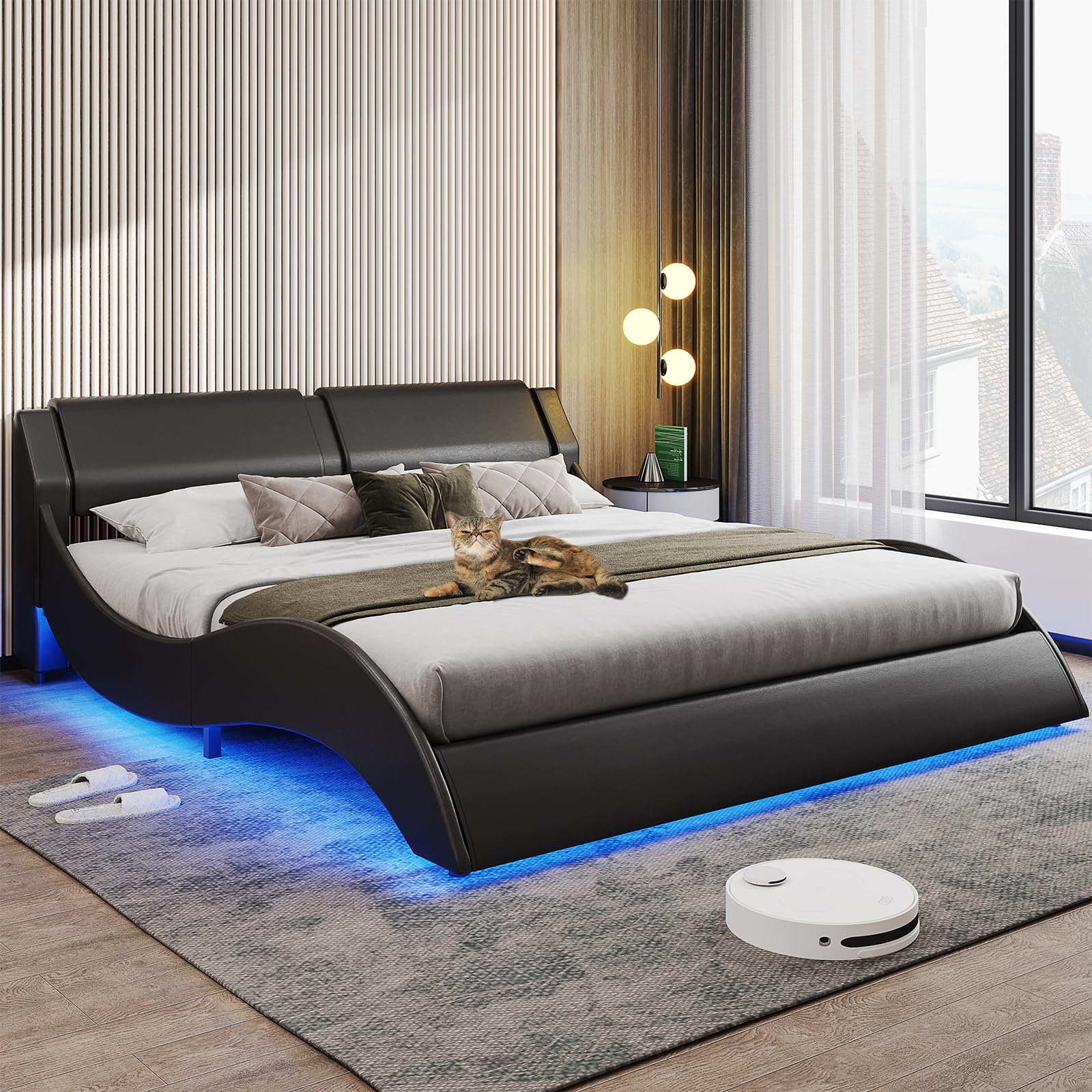 Mua DICTAC Queen Led Bed Frame Modern Faux Leather Upholstered Platform ...
