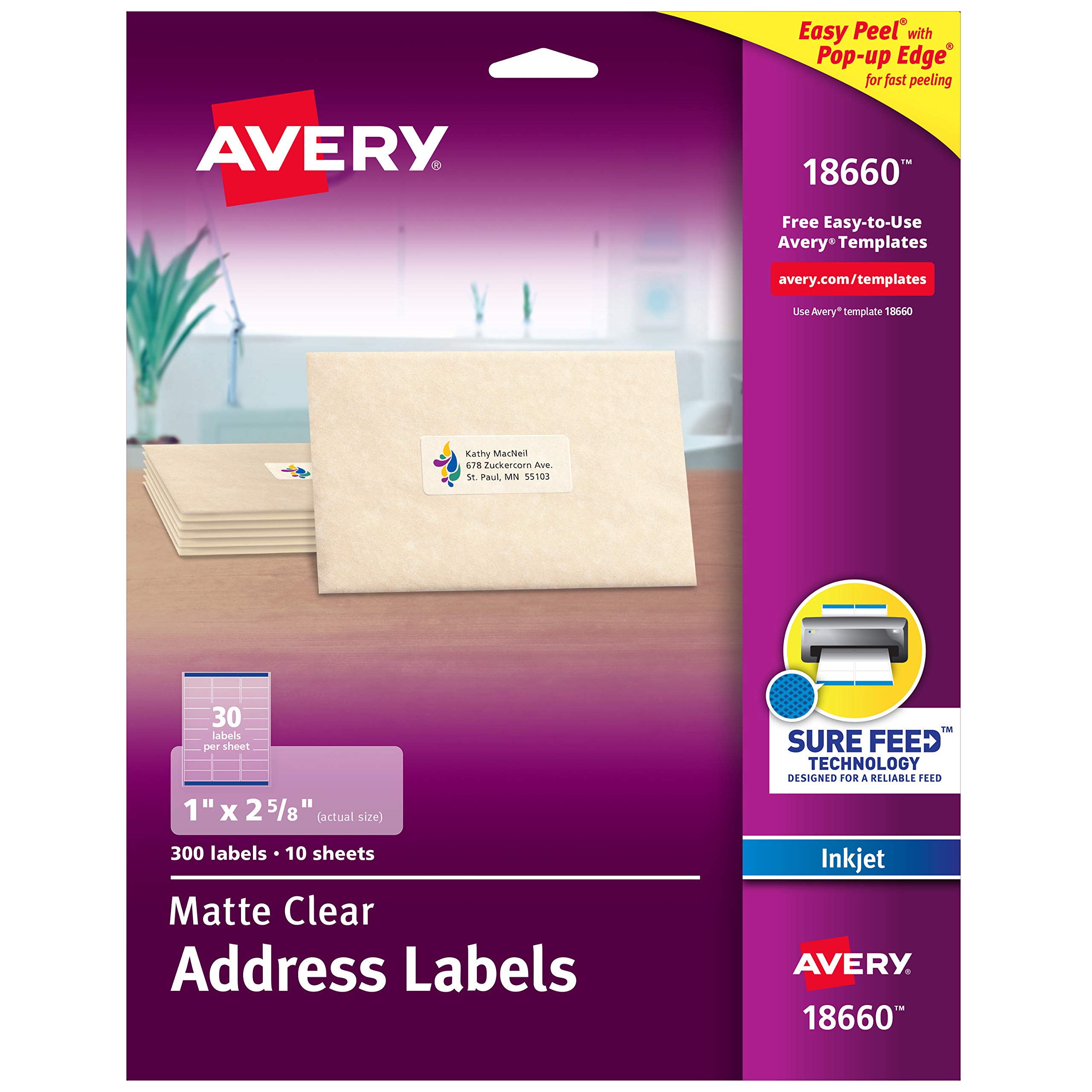 AVERY Matte Frosted Clear Address Labels For Inkjet Printers 1 X 2 5 8 300 Labels 18660