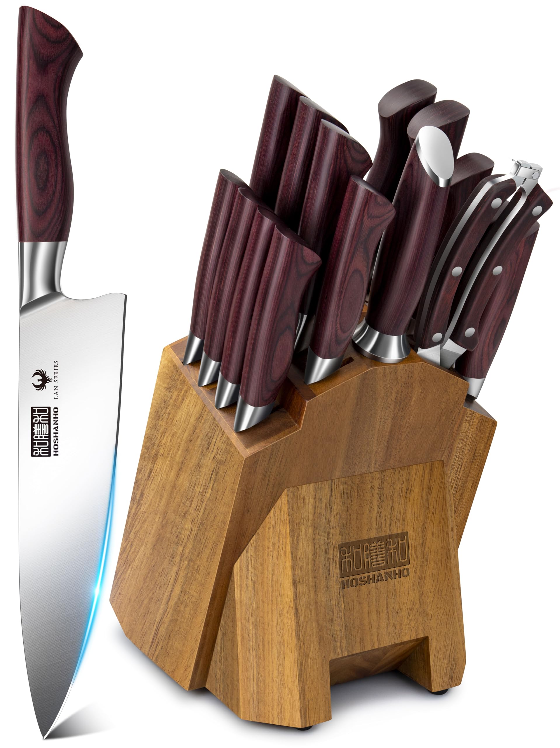 HOSHANHO Kitchen Knife Set with Block 18-Piece, Super Sharp High Carbon ...