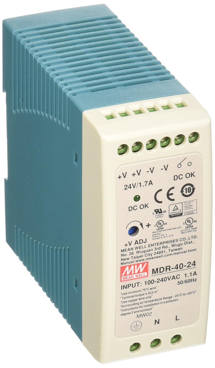 Mean Well MDR-40-24 Power Supply, DIN-Rail, 24 Volt, 1.7 Amp, 40.8 Watt ...