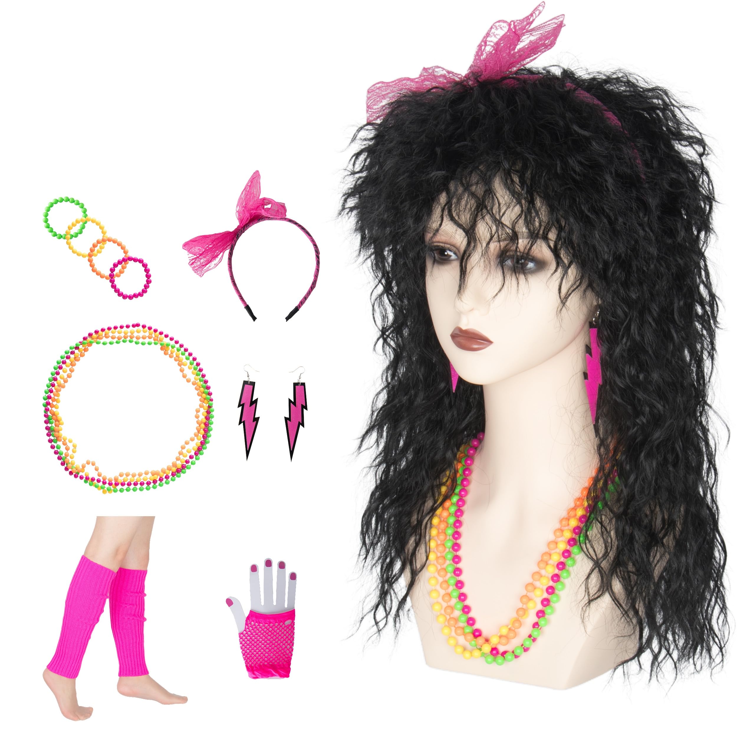 Yan Dream Black Long Curly Wig 80s Style Suit Rocker Star Accessories ...