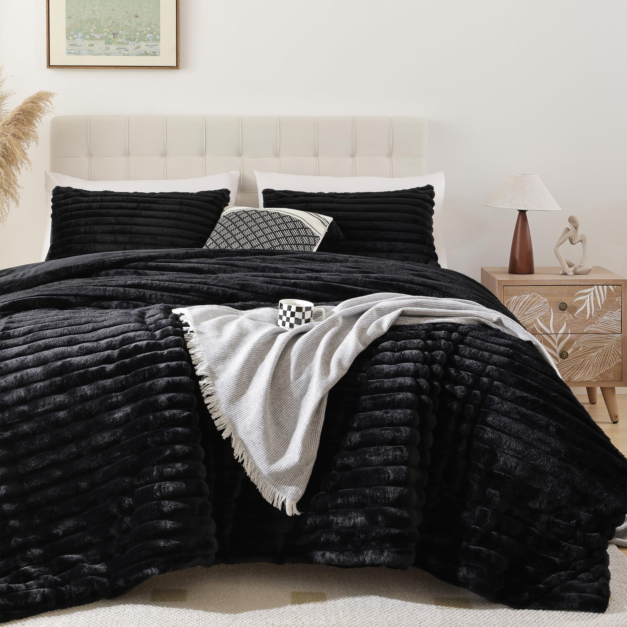 Smoofy Fluffy King Size Comforter Set 3 Pieces - Black Fleece Fluffy ...
