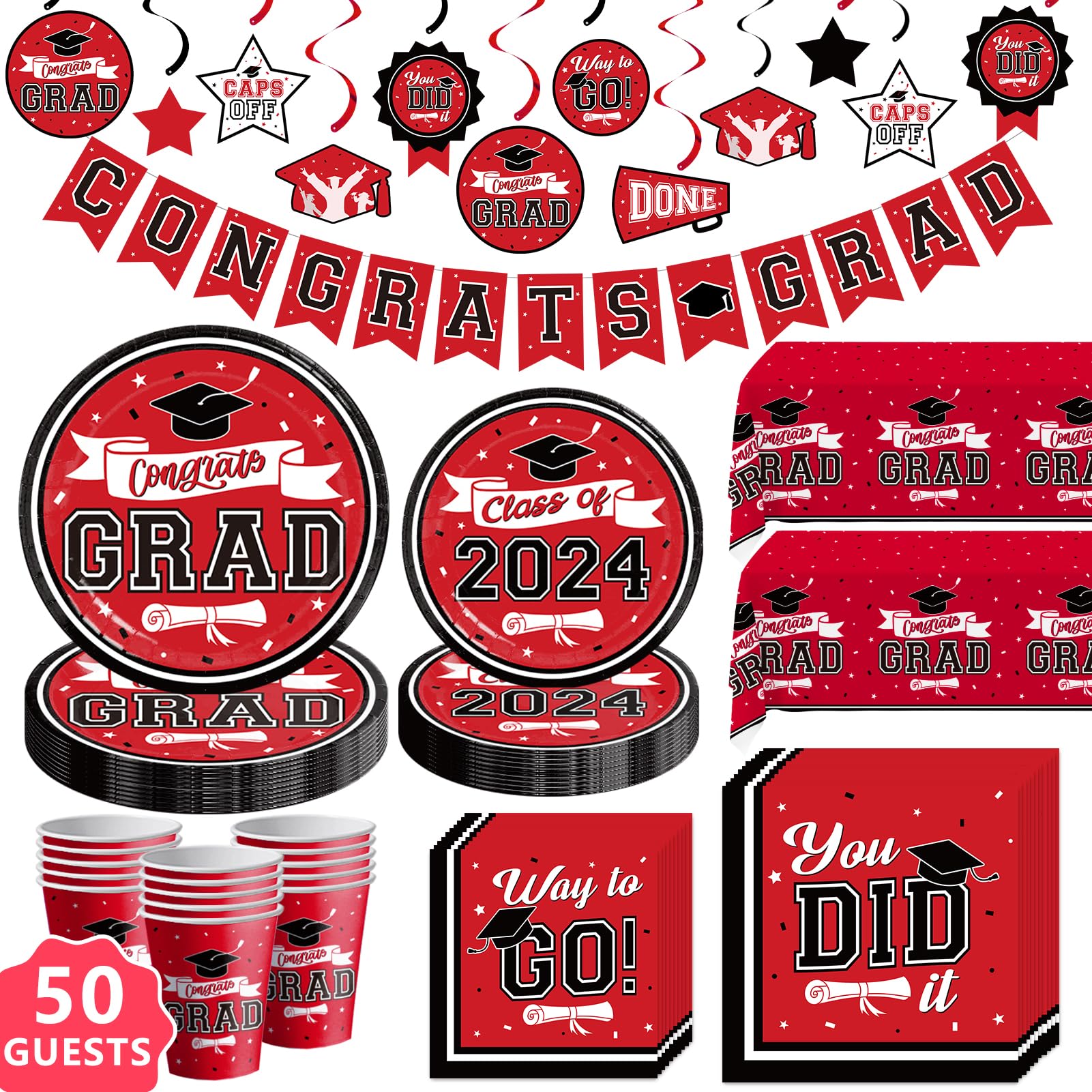 DAZONGE Graduation Decorations Class of 2024 Red and Black, Disposable ...