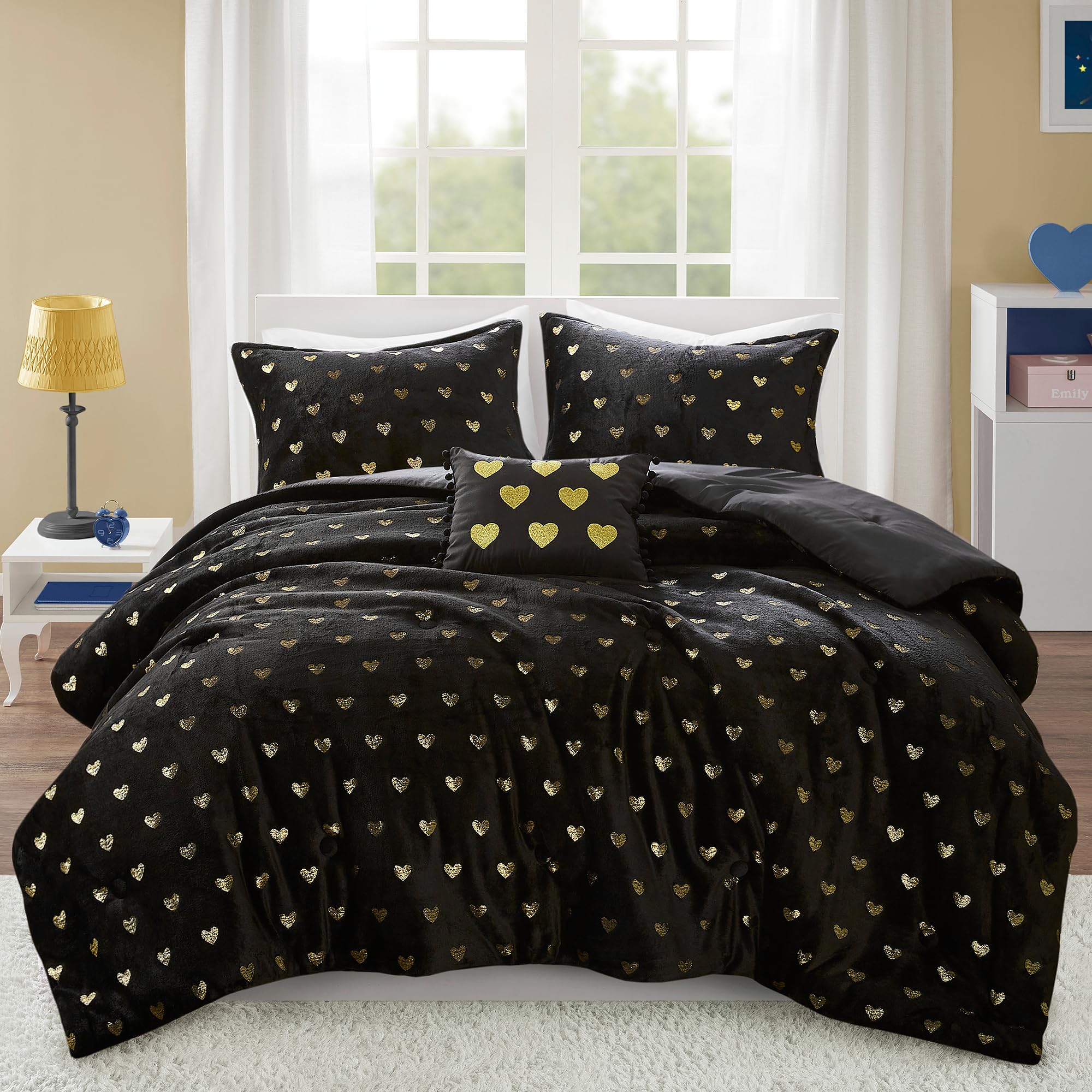 Mi Zone Queen Comforter Set, 4 Piece Metallic Hearts Bedroom Set for ...