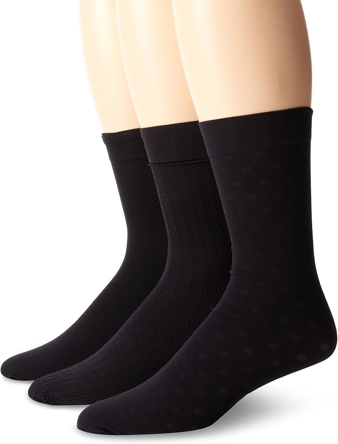 Nine West Women's Cable Solid and Dot Trouser 3 Pair Sock, Black, One ...