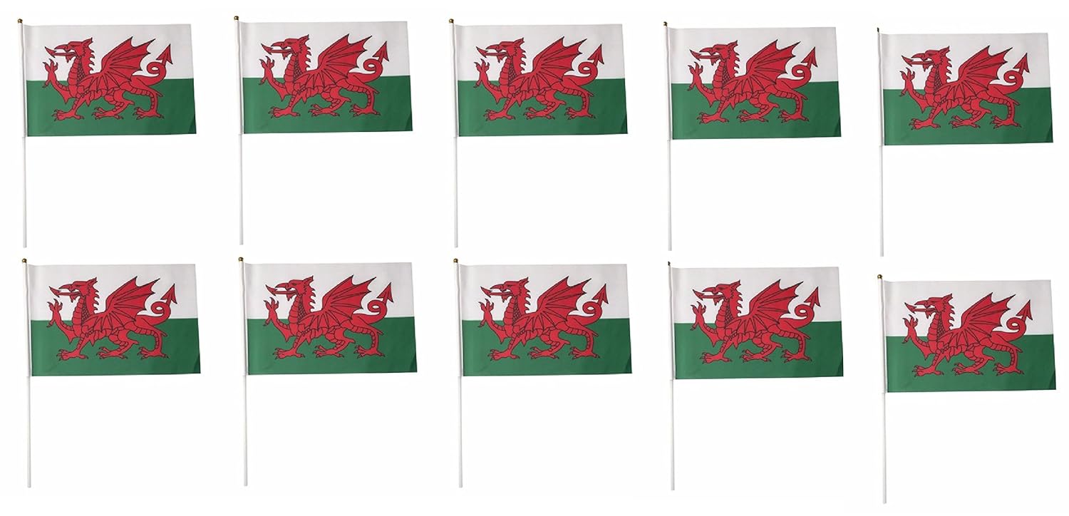 Pack Of 10 X Flag Of Wales Welsh Dragon Hand Held Flags: Amazon.co.uk ...