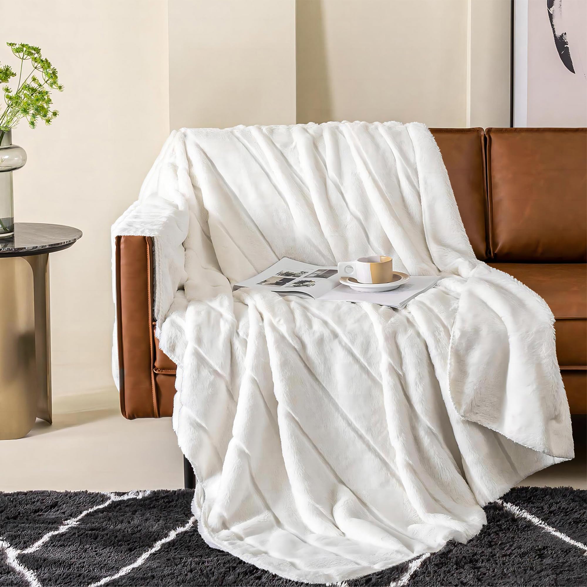 COOVA Faux Rabbit Fur Throw Blanket 50x70 Inch – Cut Stripe Dual-Sided ...