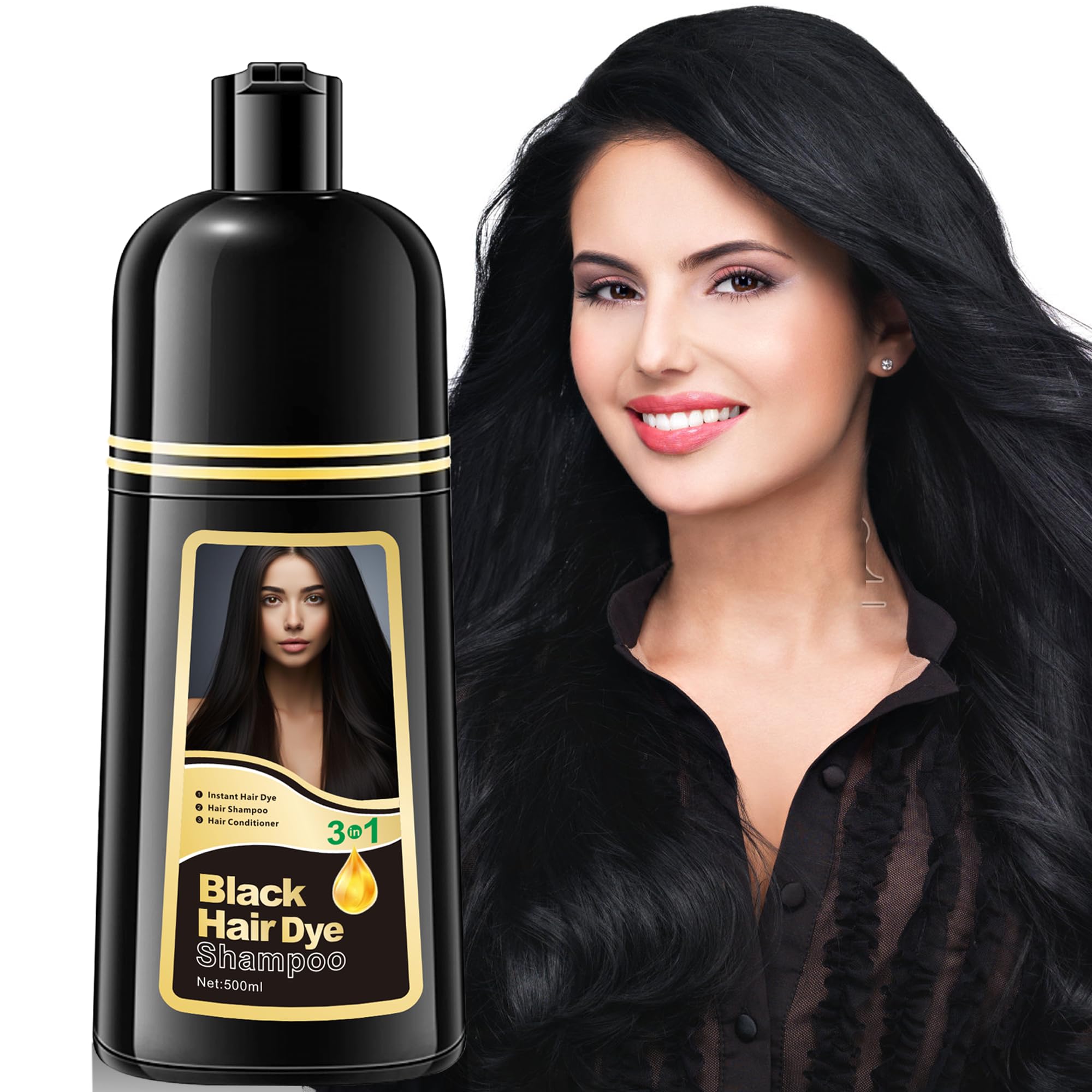 TENGLONG Black Hair Dye Shampoo 3-In-1, Instant Black Dye Shampoo for ...
