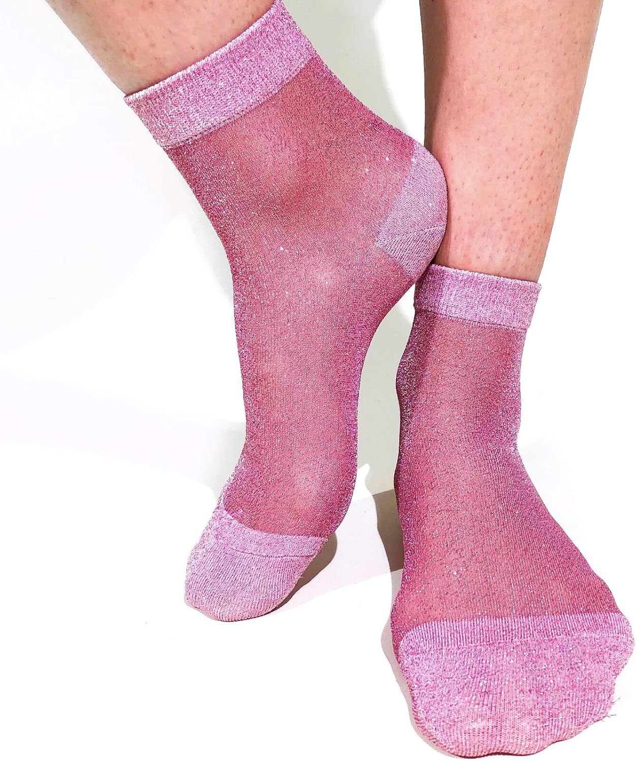 Womens ladies pink sheer glitter shimmer transparent ankle socks at ...