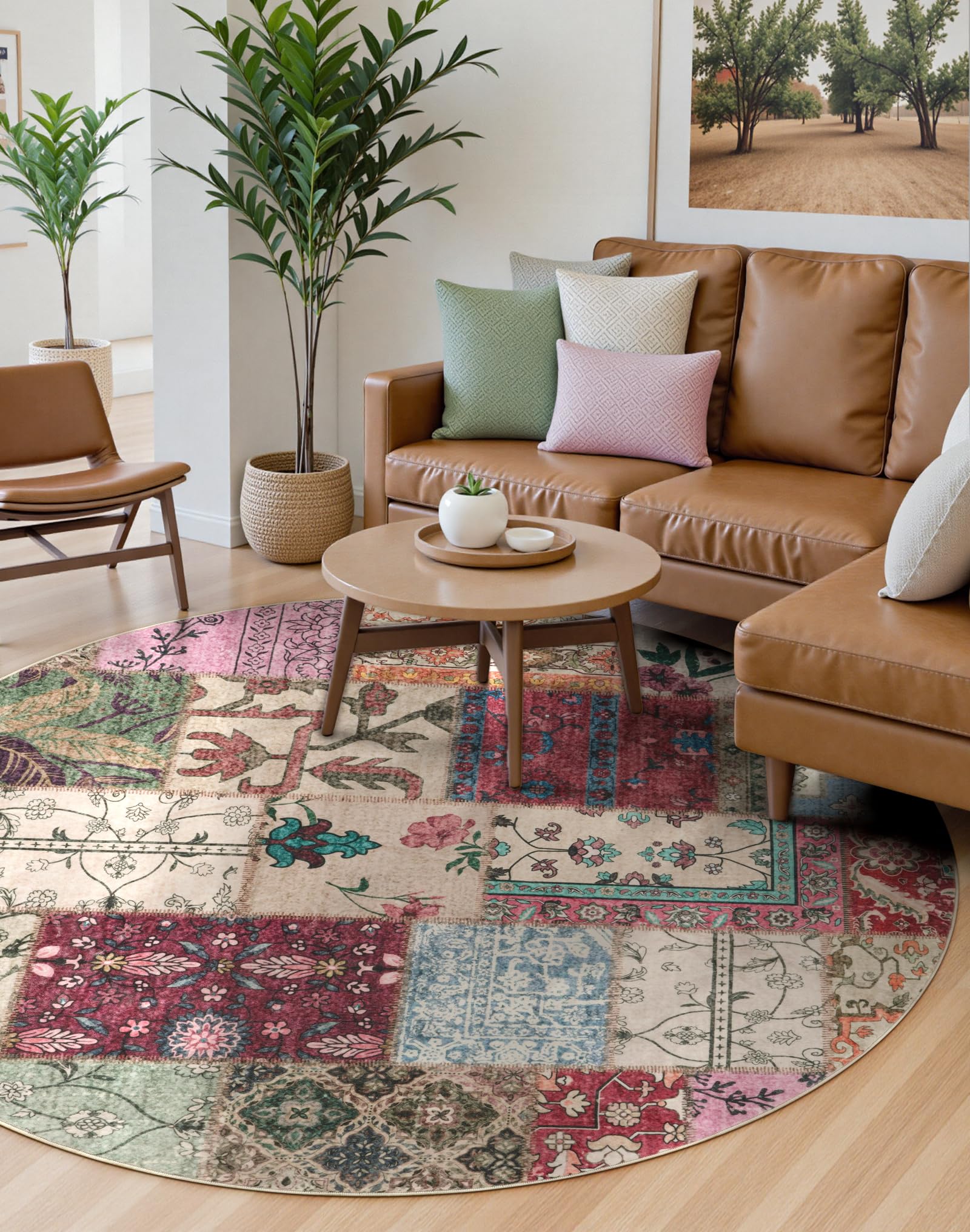 LIVEBOX Round Boho Rug 5ft for Living Room, Soft Retro Bohemian Circle ...