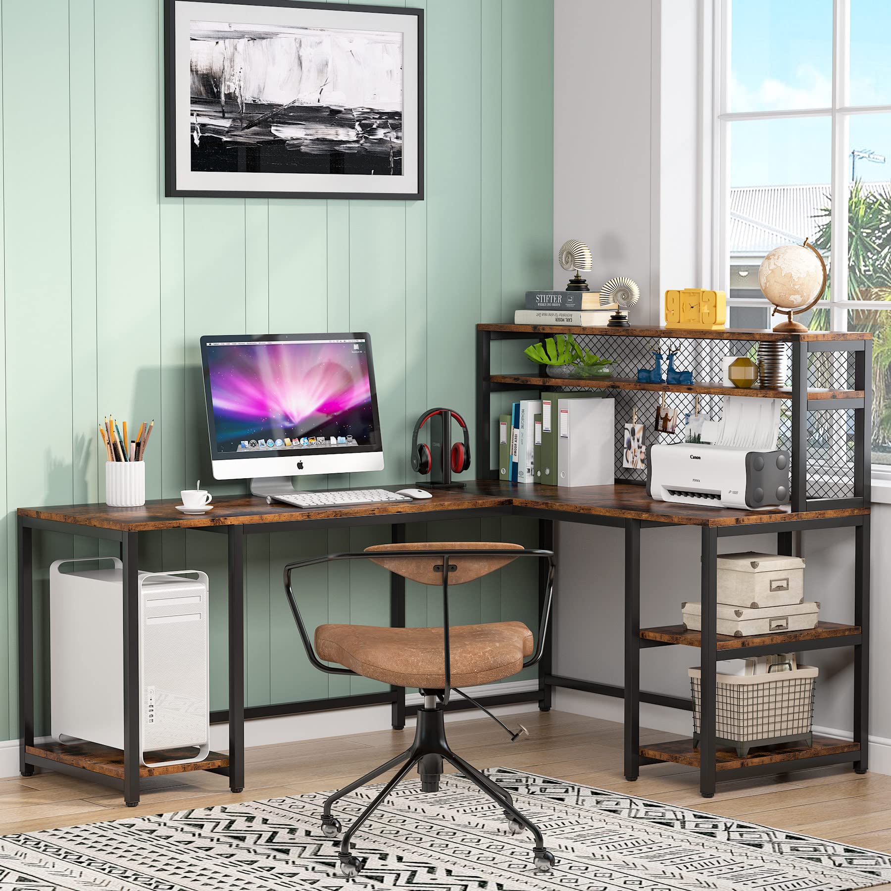 Tribesigns 67" Reversible Large Computer Desk with Hutch, Office Desk ...