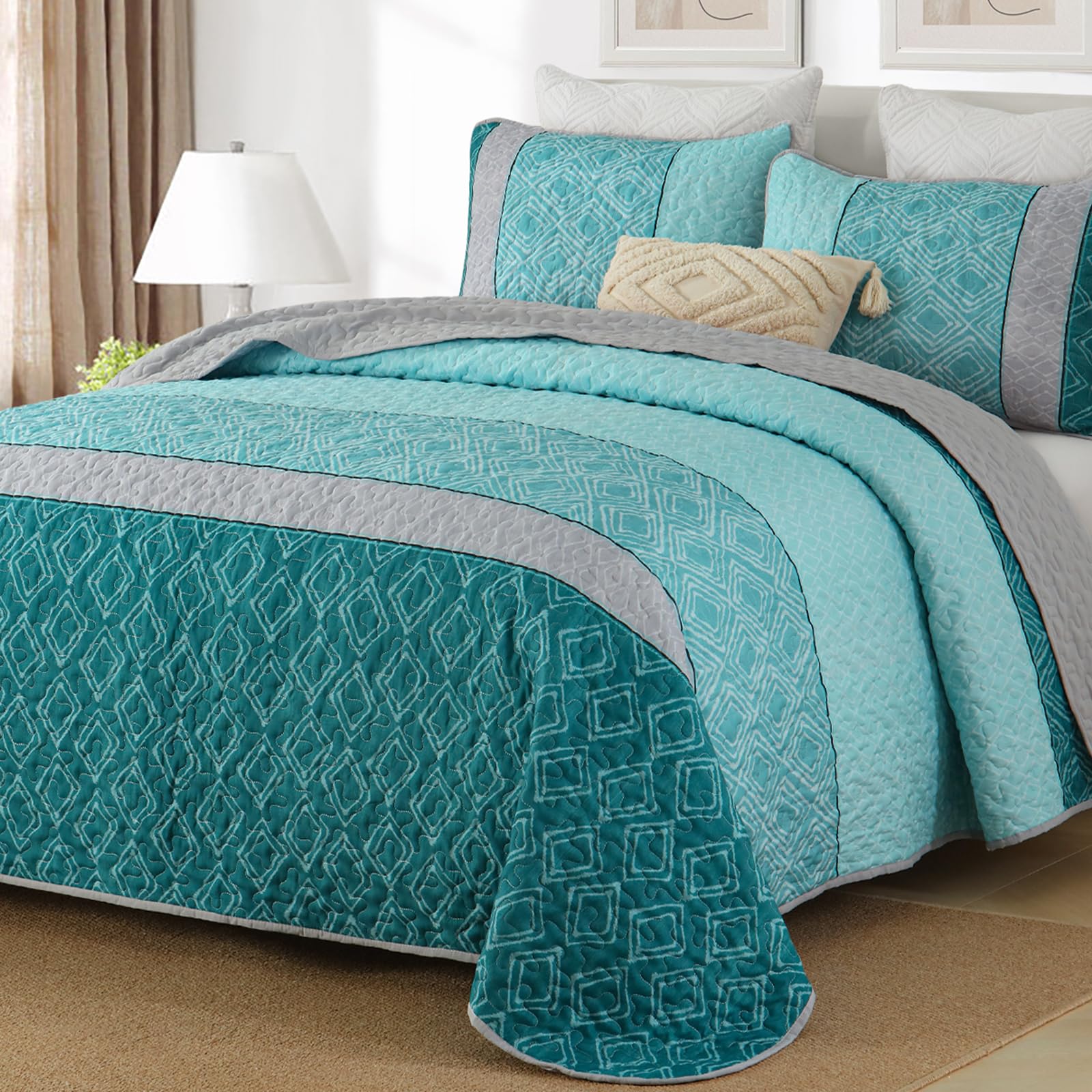 Cottolester Teal Quilt Set King Size,Striped Plaid Bedspread,Blue Boho ...