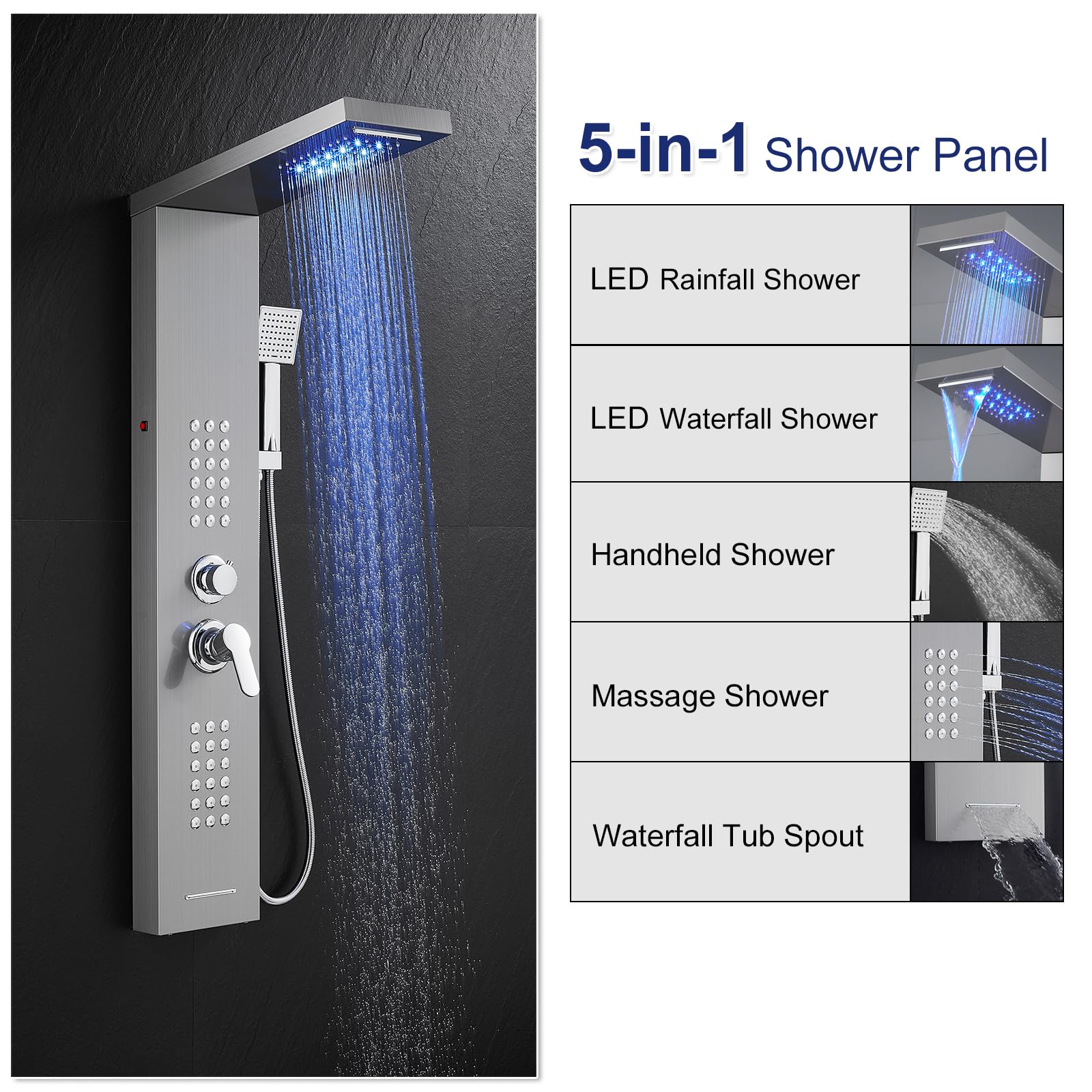 Mua LED Shower Panel Tower System Brushed Stainless Steel, Rainfall ...