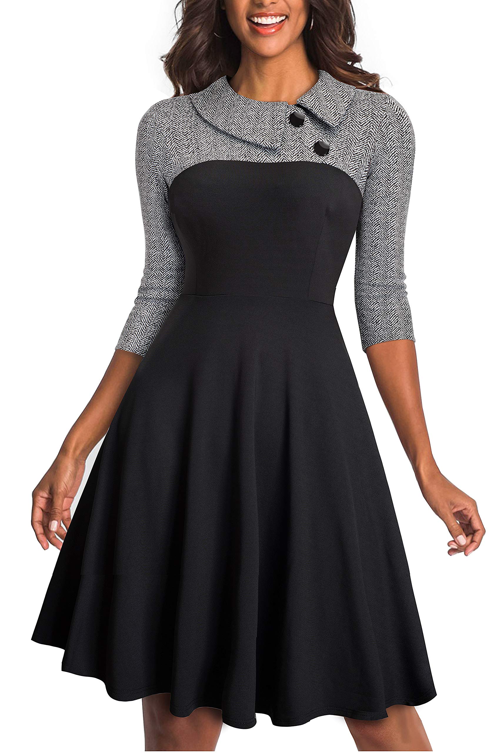 HOMEYEE Women's Lapel 3/4 Sleeve Church Aline Colorblock Work Dress A121
