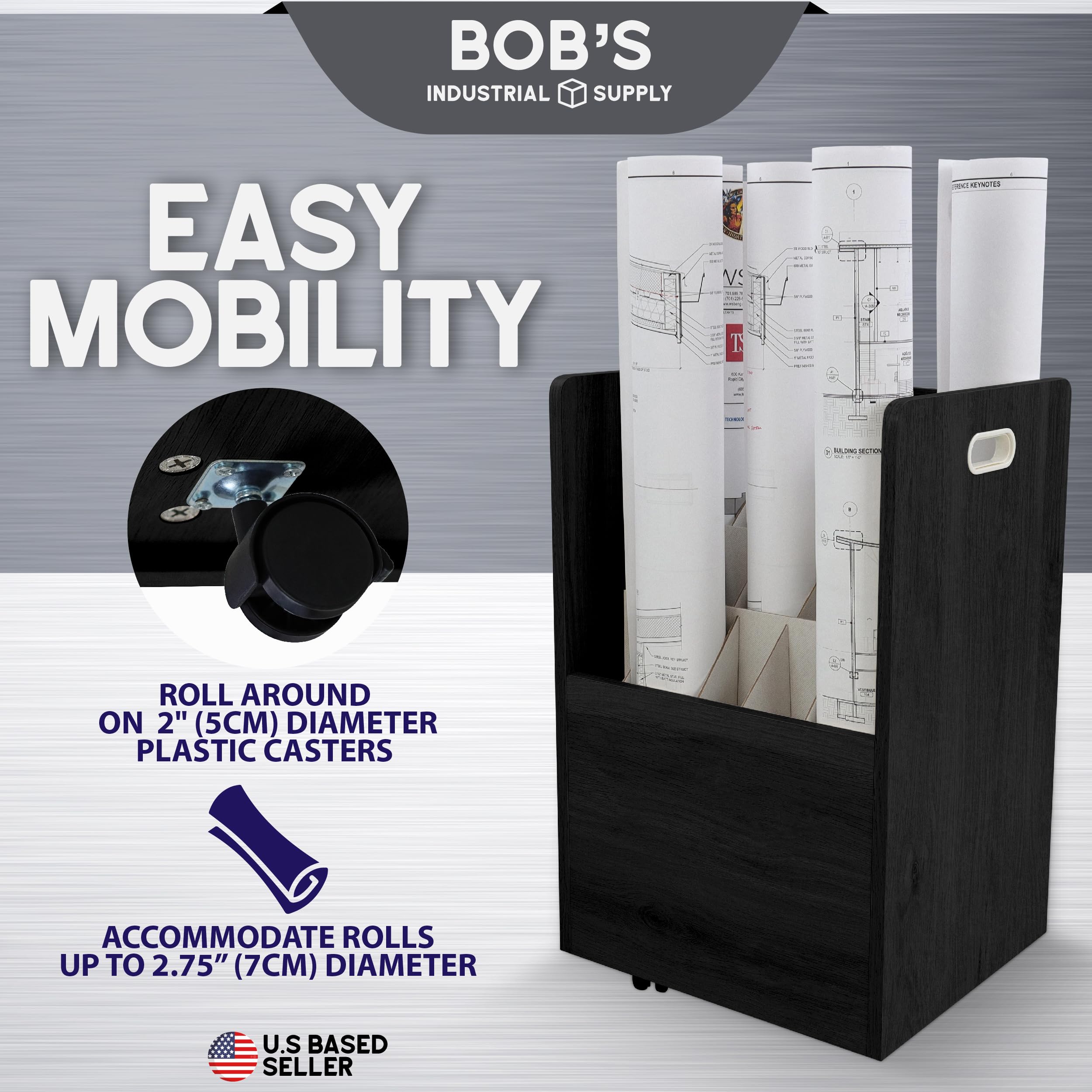 BISupply Blueprint Holder Map Storage On Wheels - 20 Slot Black Rolled ...