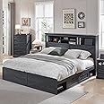 Amazon.com: ACCOHOHO Farmhouse King Size Wood Bed Frame with 52" Tall Storage Headboard and 4 ...