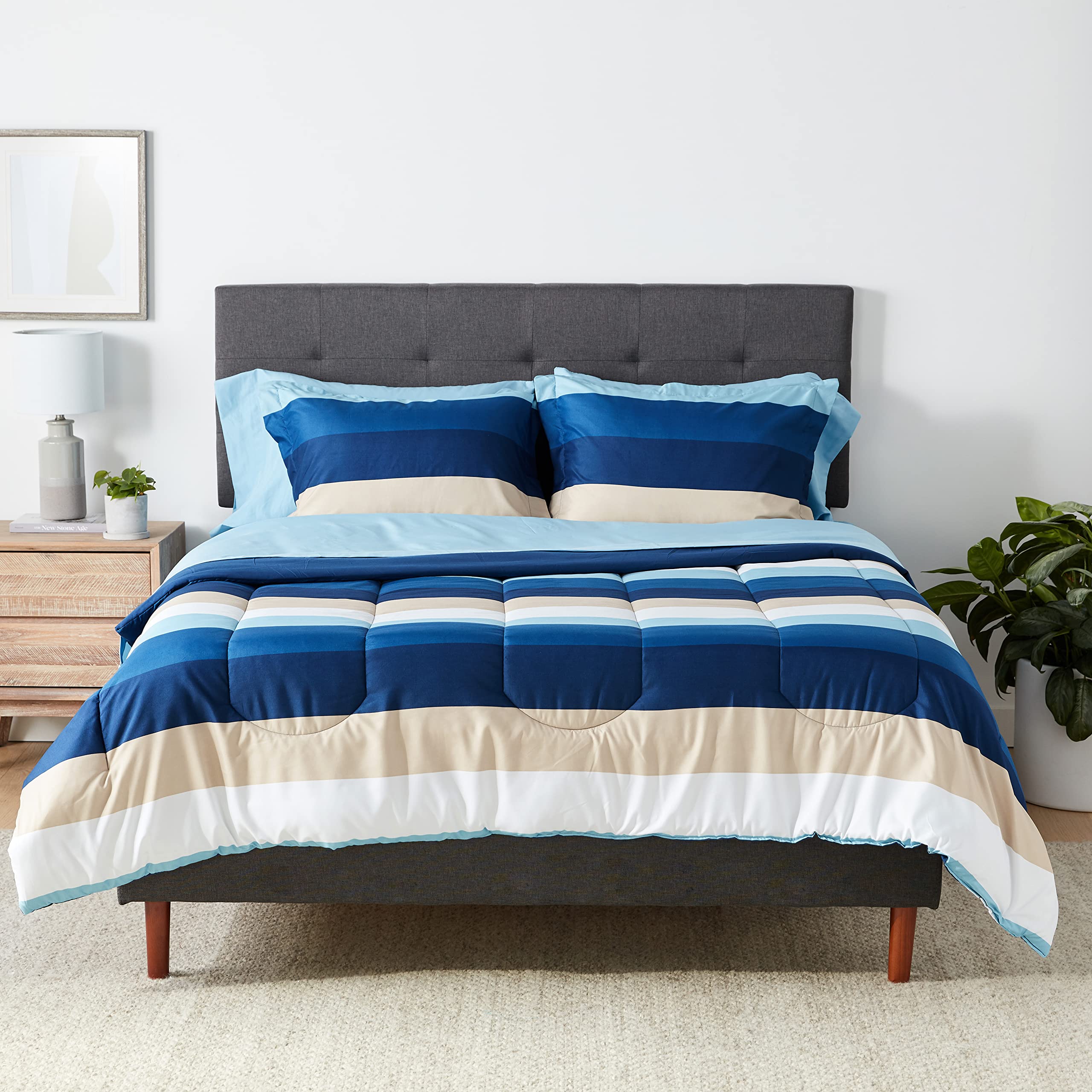 Amazon Basics Full/Queen Comforter Set with Sheets, 7-Piece Blue Stripe ...