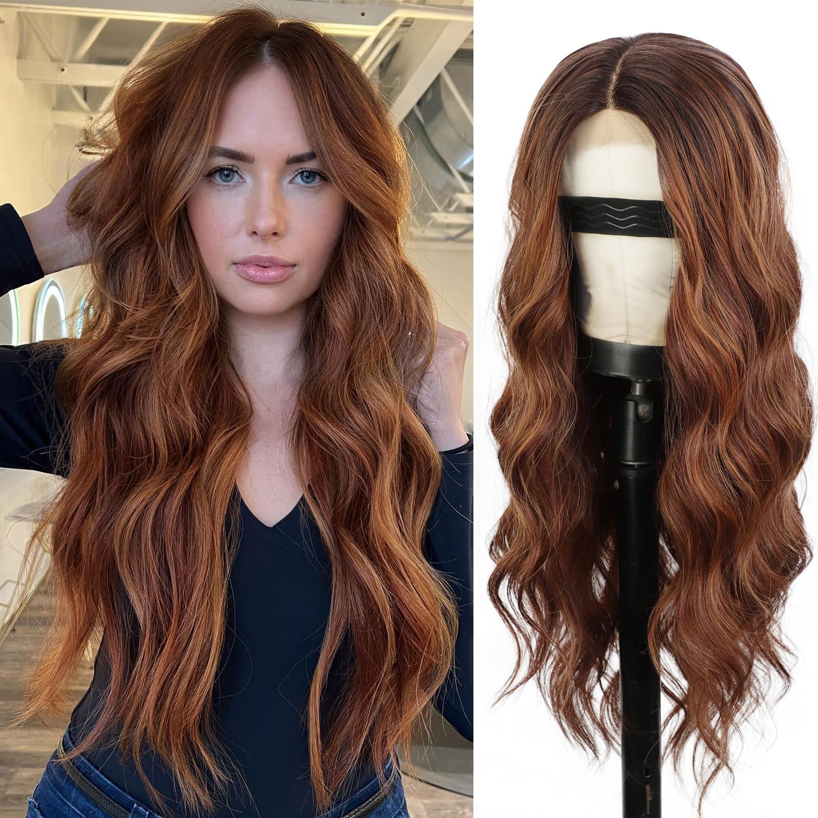 Cisyia Auburn Wigs for Women Long Wavy Lace Hairline Copper Mixed ...