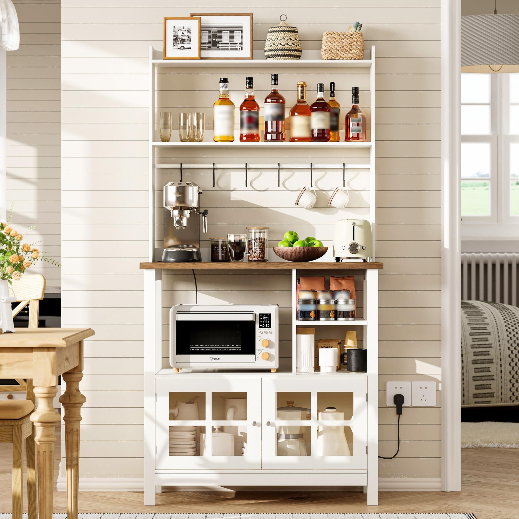 ChooChoo Farmhouse Bakers Rack with Power Outlets and Storage, Coffee ...