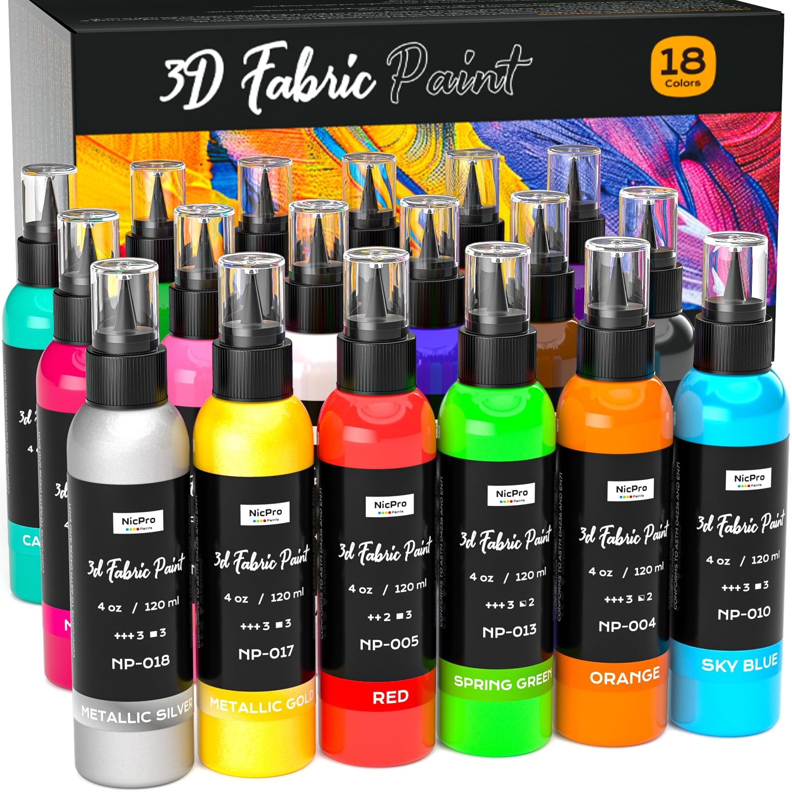 Nicpro 18 Colors 3D Fabric Paint Set (4oz, 120 ml) Non-Toxic Soft Paint ...