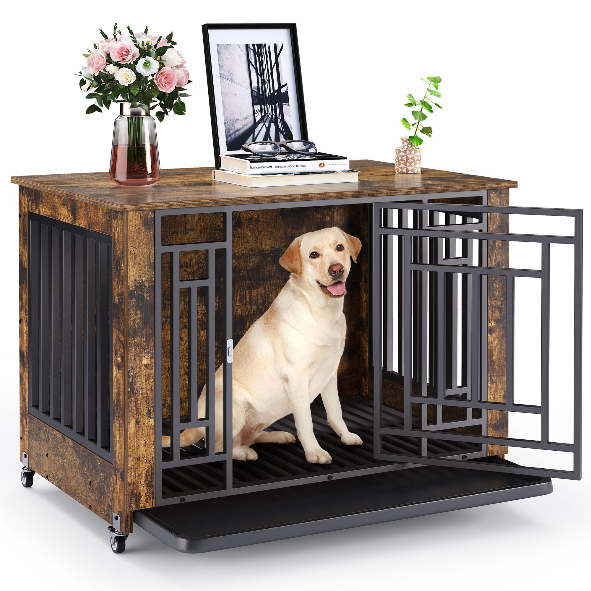 YITAHOME 38" Dog Crate Furniture with Wheels, Heavy Duty Wood Dog Cage ...