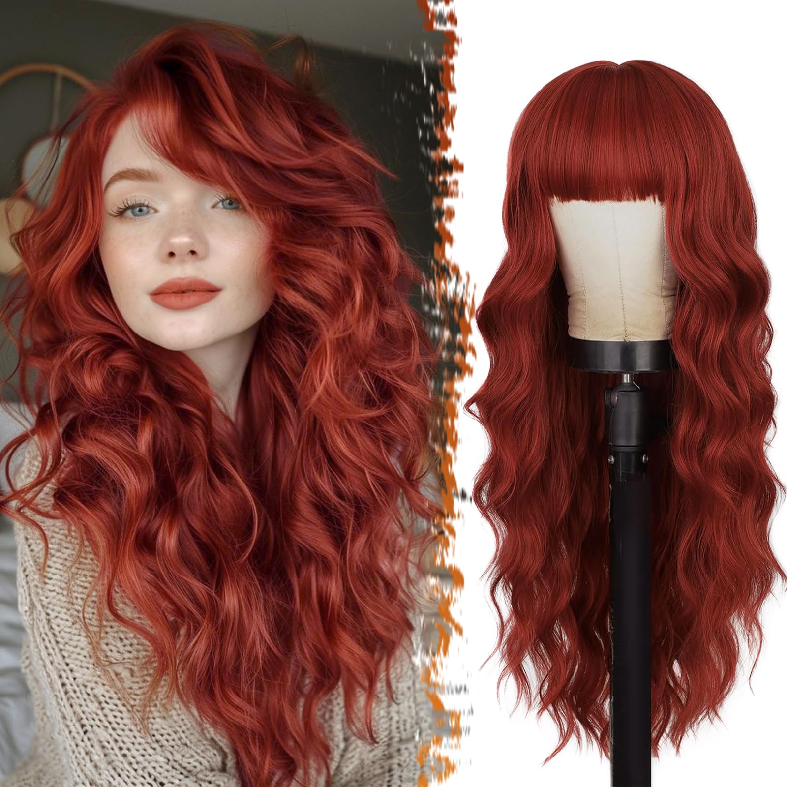 BARSDAR Long Wavy Copper Red Wig With Bangs - 26 Inch Long Wavy Red Wig ...