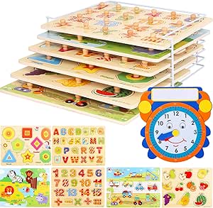 Amazon.com: Wooden Toddler Puzzles and Rack Set - (6 Pack) Bundle with ...