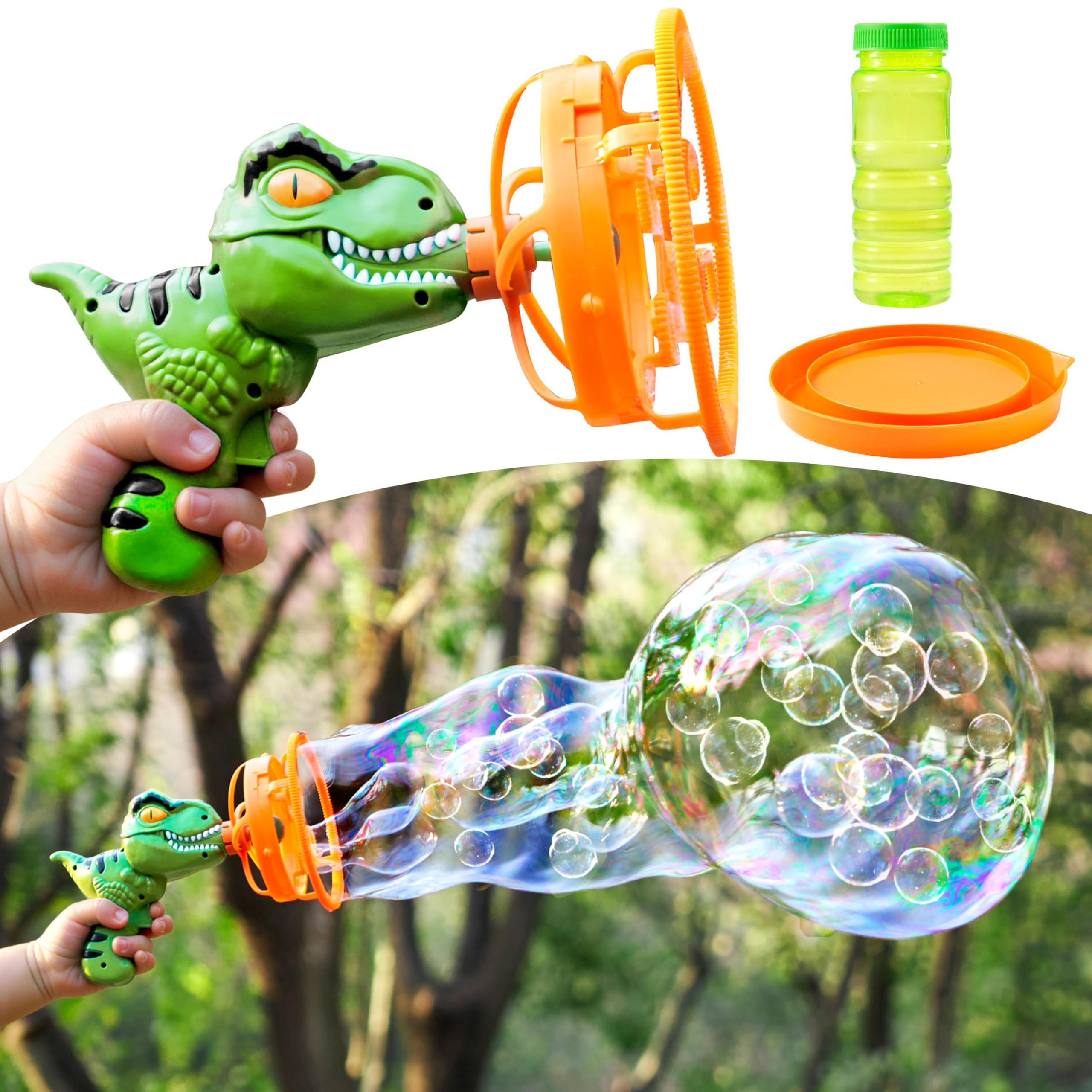 SYNCFUN Dinosaur Bubble Gun Blower Toy, Bubble Machine with Solution Refill, Outdoor Toy for ...