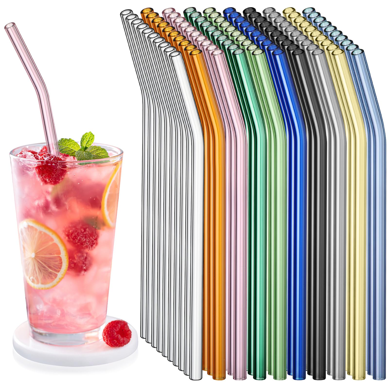 Hosuly 100 Pcs Reusable Glass Straws Bulk 8" x 8 mm Bent Curved Glass ...