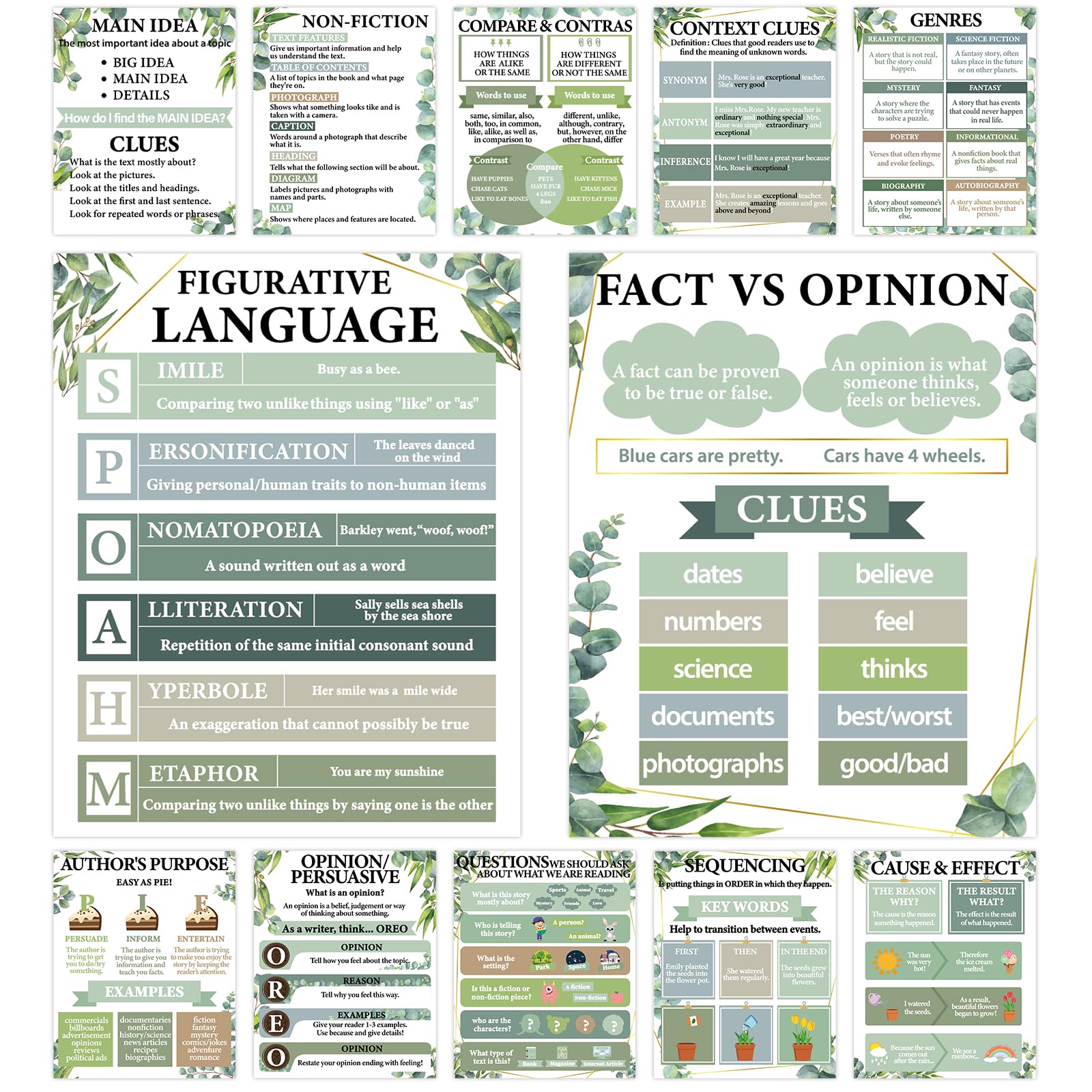 QOUBAI 12pcs Reading Comprehension Classroom Posters Eucalyptus English ...