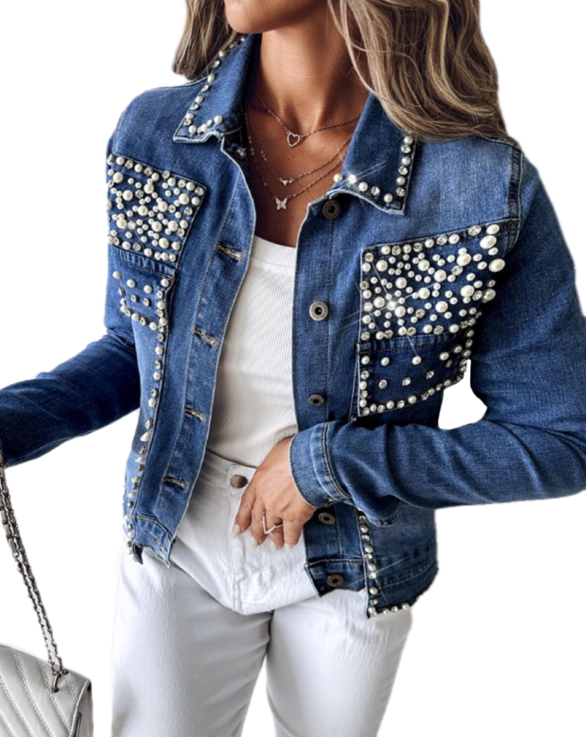 LifeShe Women's Pearls Denim Jacket Cropped Rhinestones Jean Blazer ...