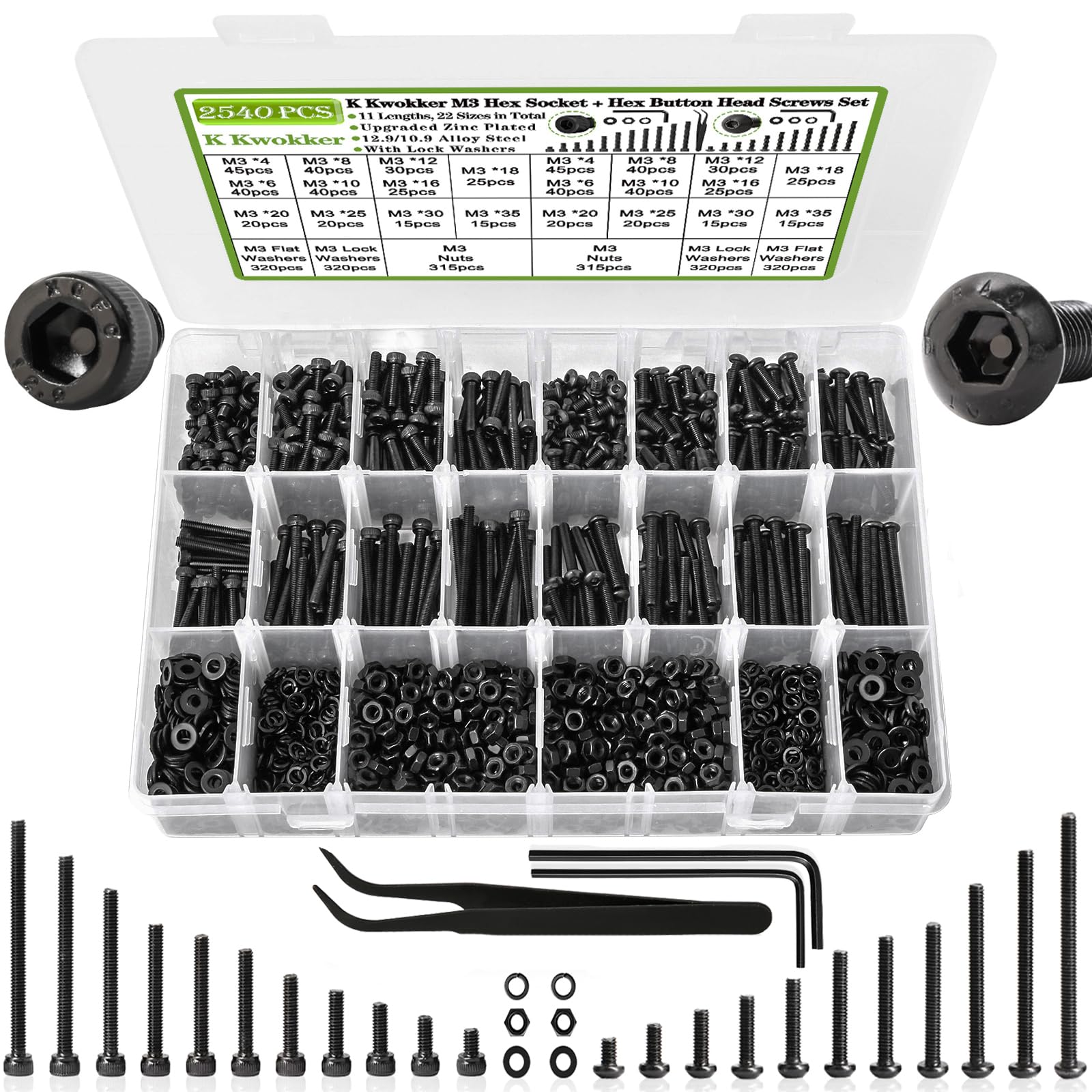 K Kwokker 2540 x M3 Screws 4MM to 35MM, M3 Socket Head Screws & M3 ...