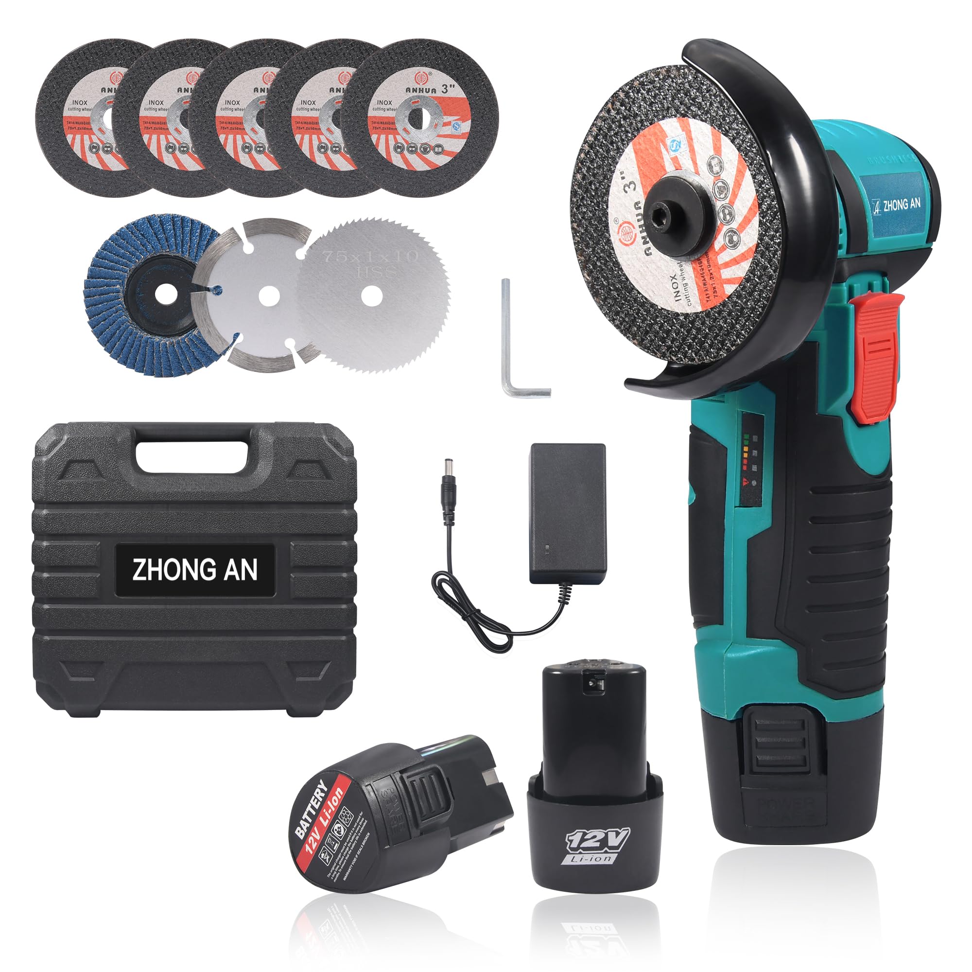 ZHONG AN Cordless Brushless 3" Angle Grinder Kit Handheld with 5 ...