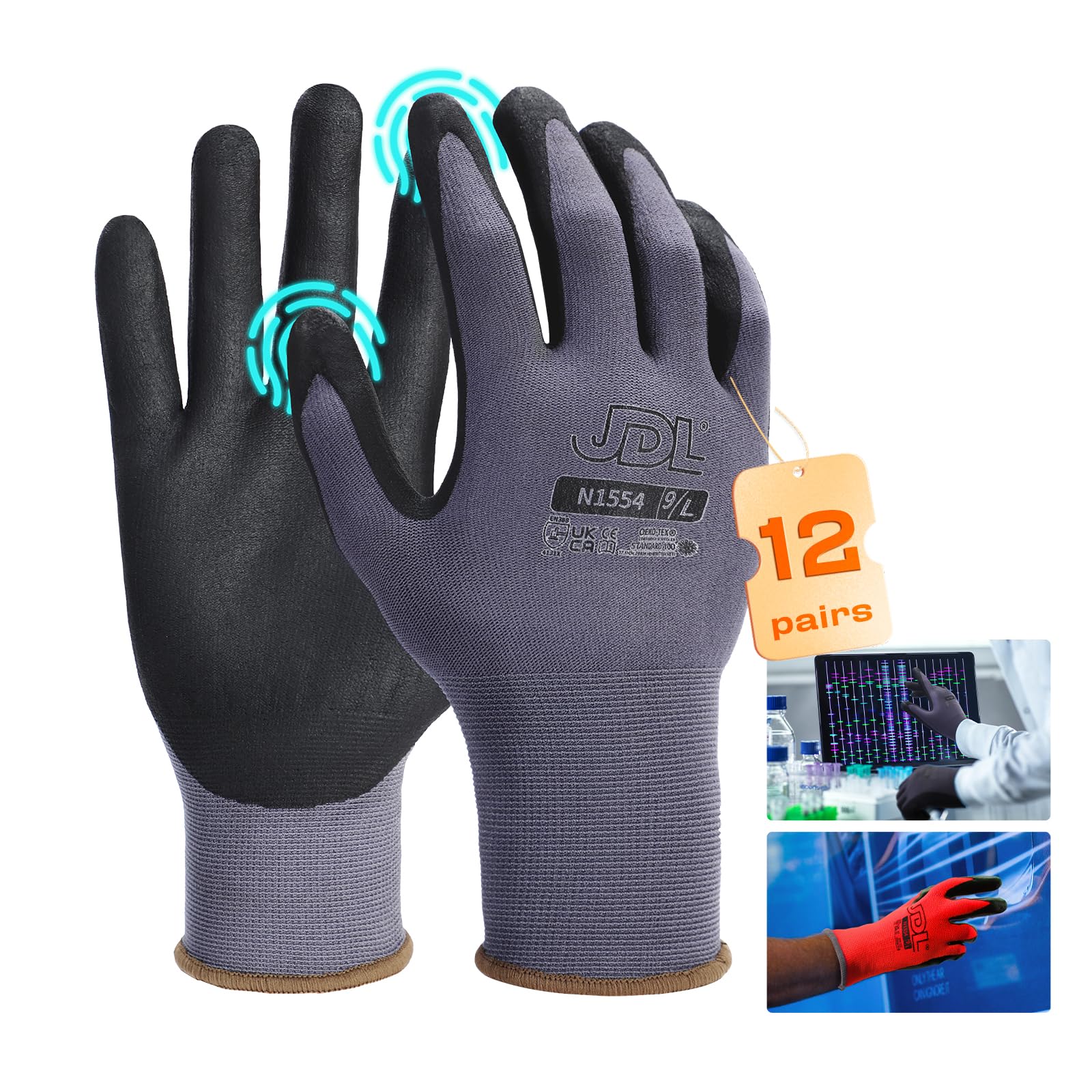 JDL Work Gloves with Micro Foam Nitrile Coated, Touch Screen Compatible ...