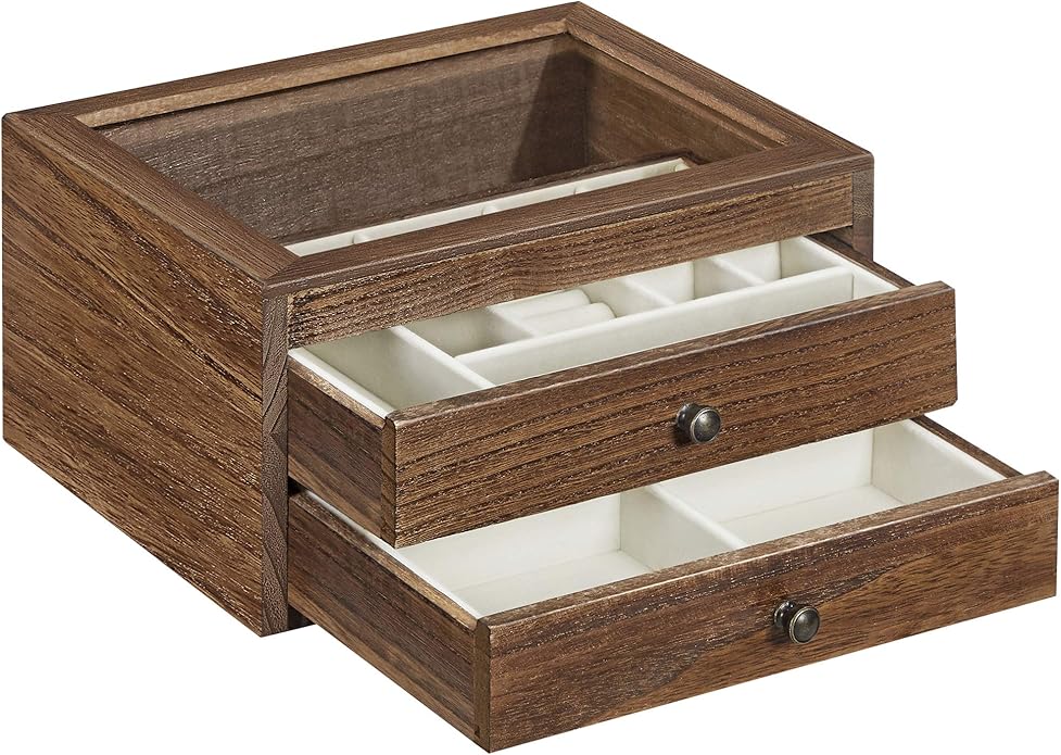 SONGMICS Schmuckkästchen, Schmuckbox mit 2 Ebenen, Glasdeckel, für ...