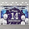 Amazon.com: Happy 14th Birthday Banner Backdrop Navy Blue Balloons Confetti Stripe Flag Light ...