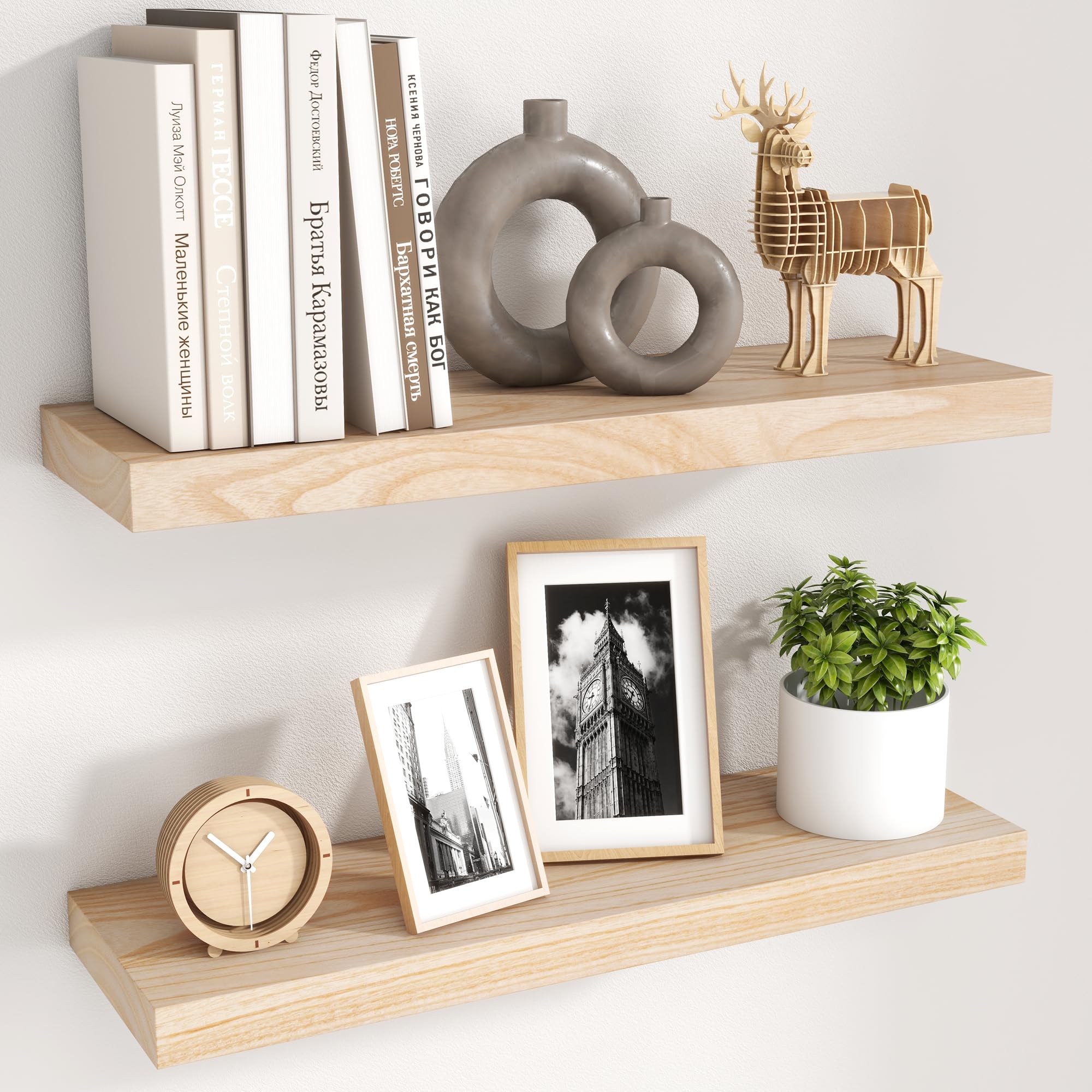 Natural Wood Floating Shelves, 24 Inch Wood Floating Shelves Set of 2 ...