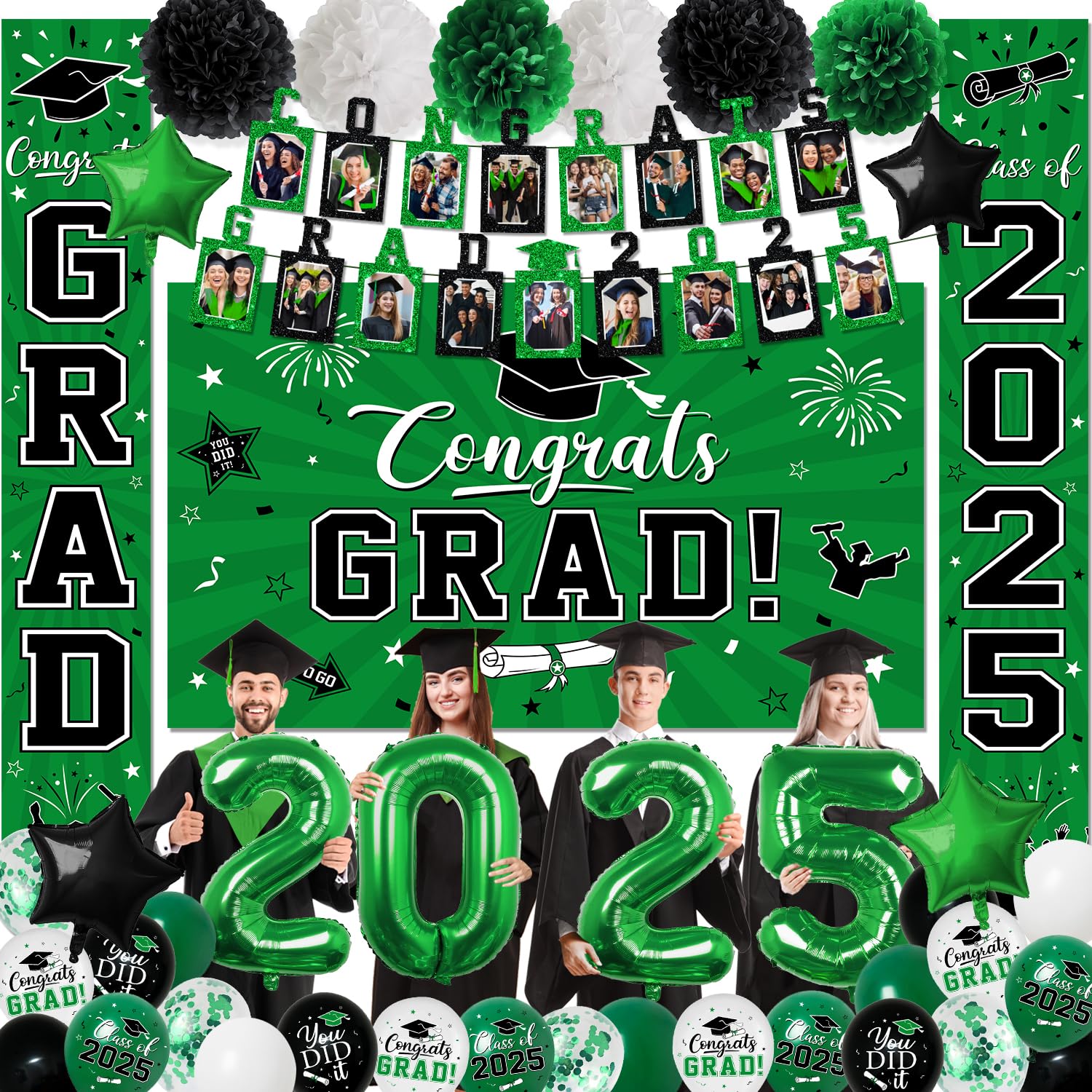 2025 Graduation Decorations, Green Themed Class of 2025 Decorations Set, Congrats Grad Backdrop ...