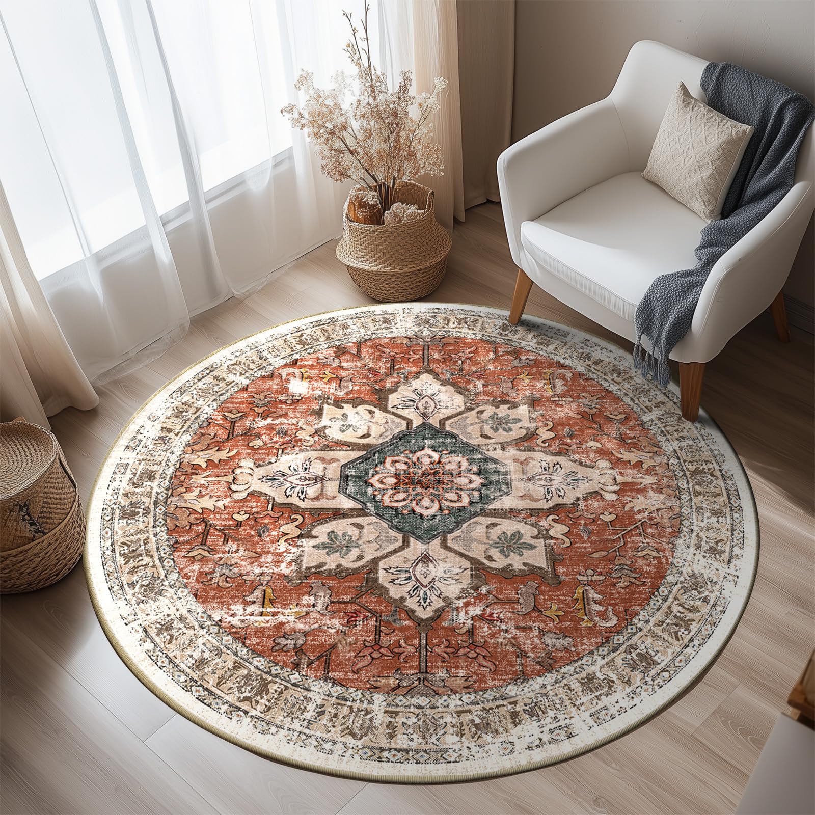 BESTSWEETIE 6ft Area Rug Washable Rugs for Living Room, No Pile Boho ...