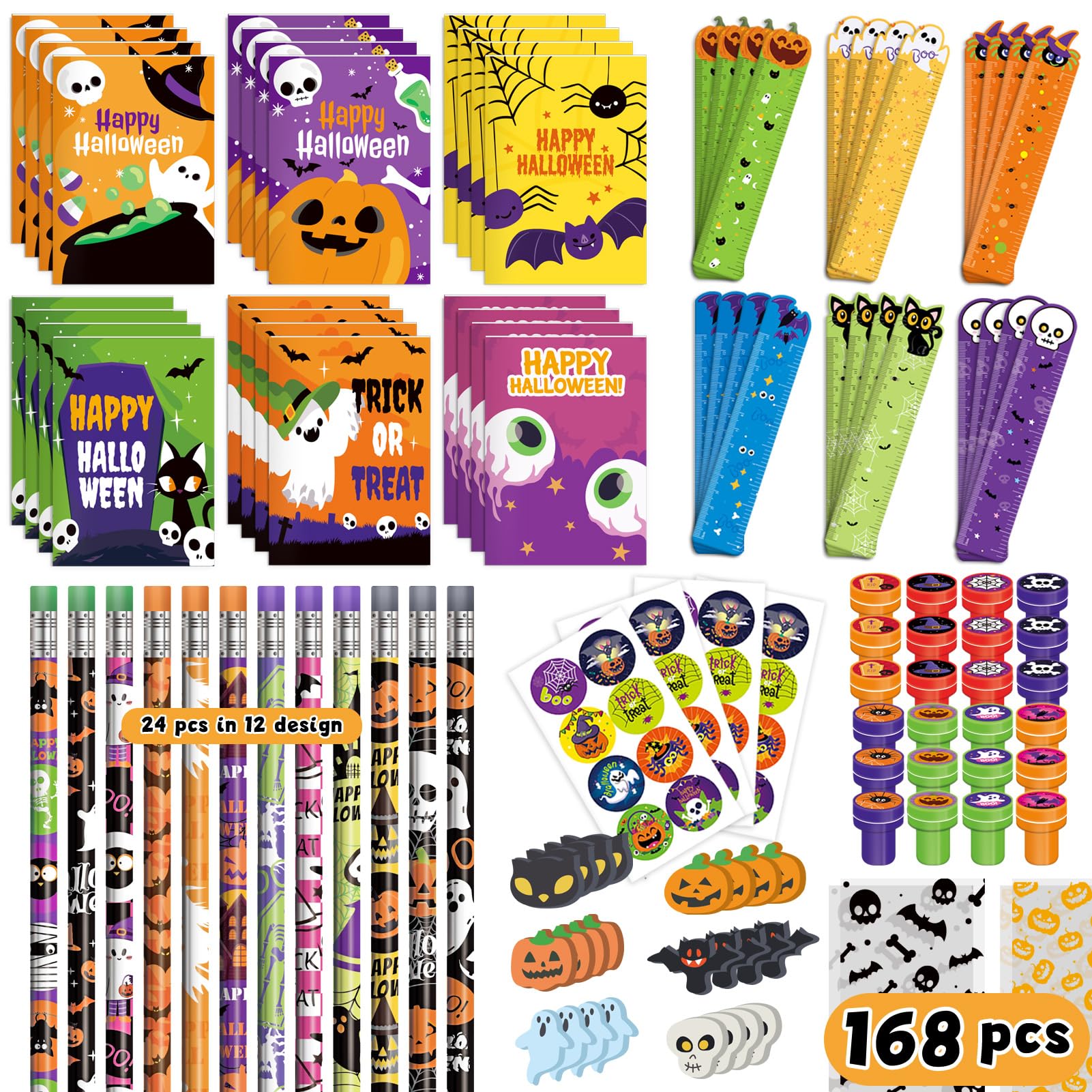 Halloween Party Favor for Kids, 168 PCS 24-Pack Halloween Stationery ...