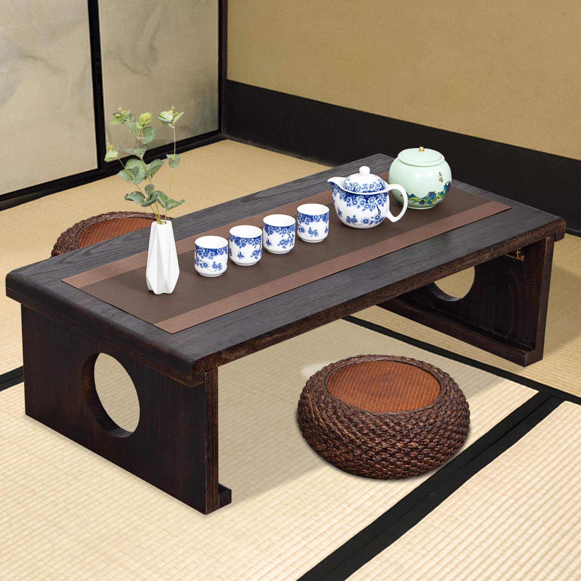 VDEHOM Foldable Antique Black Japanese Coffee Table, Folding Japanese ...