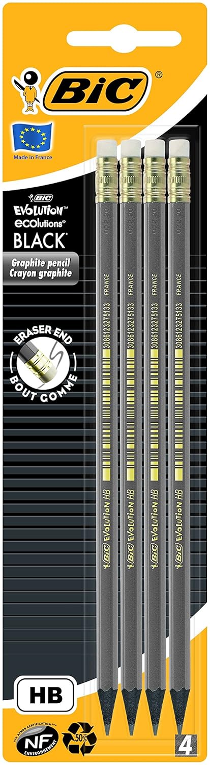 BiC Evolution HB Eraser Tip Pencil - Black (Pack of 4): Amazon.co.uk ...