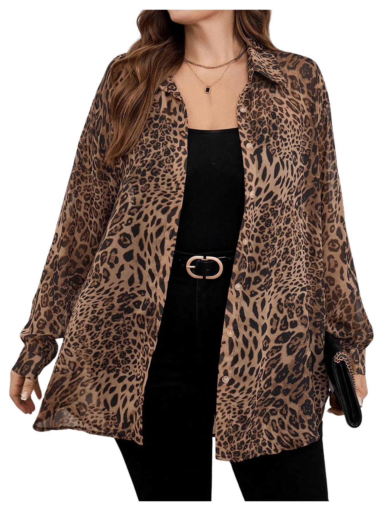 WDIRARA Women's Plus Size Leopard Print Sheer Blouse Button Front Long ...
