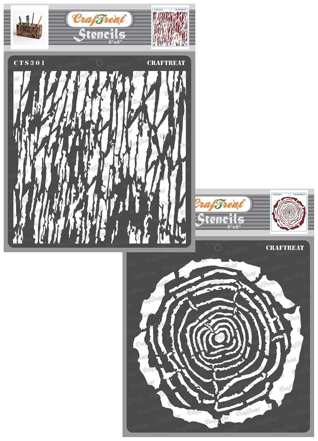 CrafTreat Tree Bark Stencil for Art and Craft - Tree Rings and Tree Bark - 6X6 Inches - 2 Pcs ...